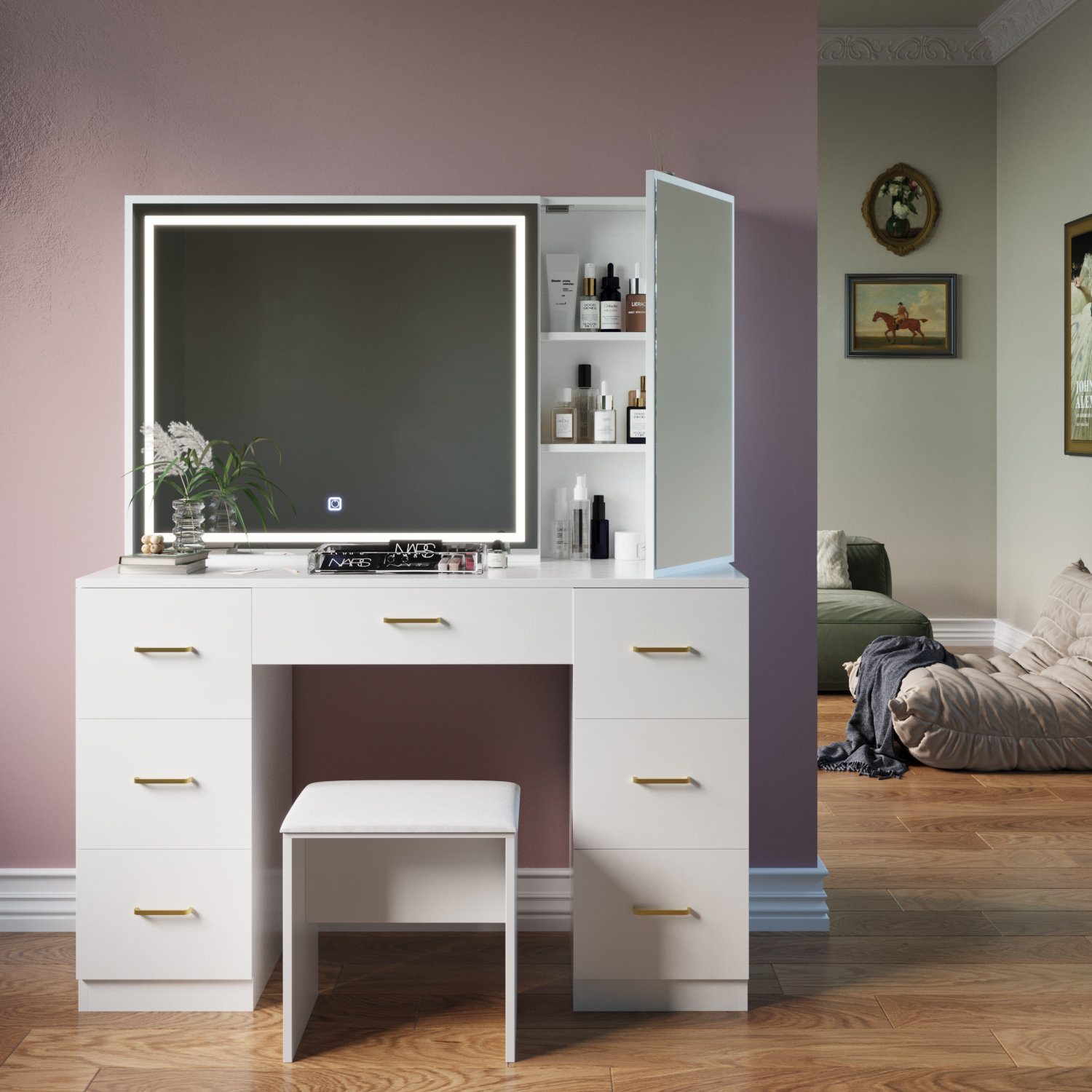 Latitude Run® Makeup Vanity Desk With Extra Large Lighted Mirror And ...