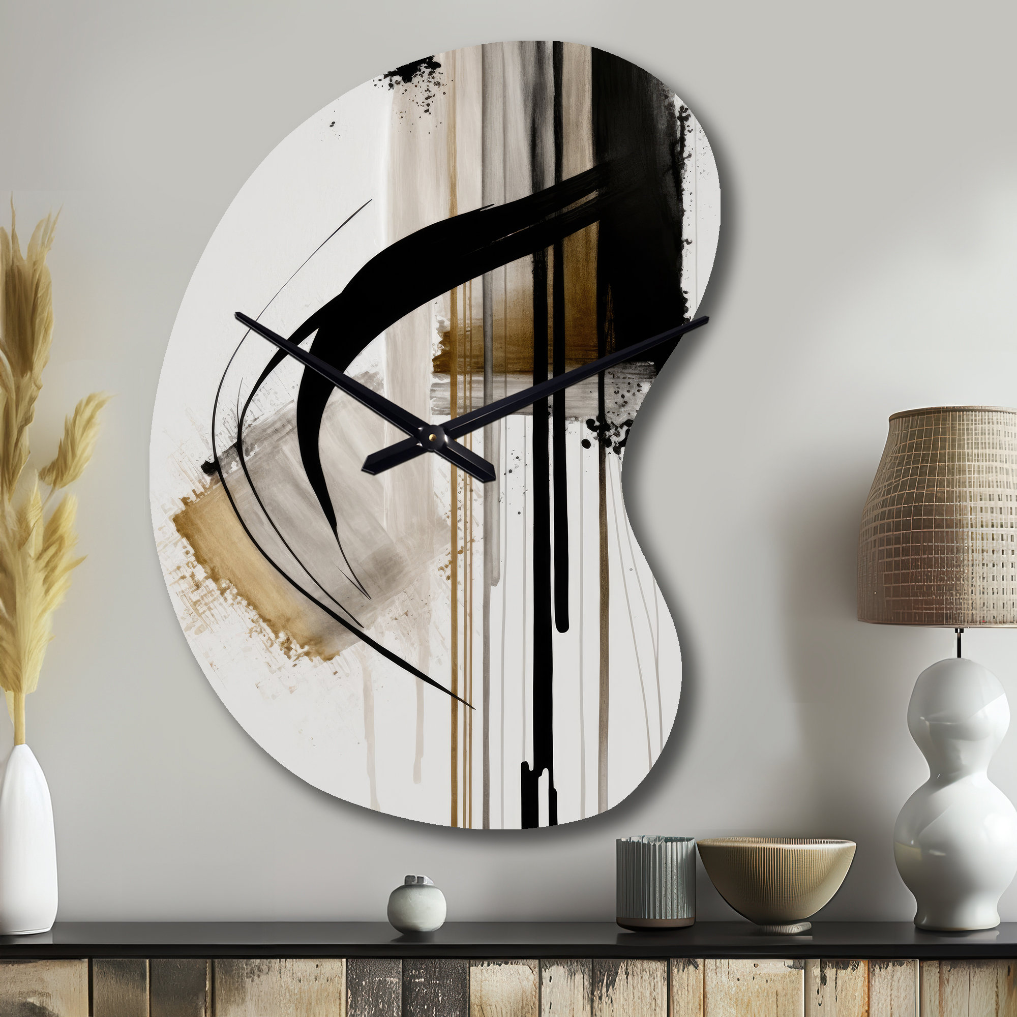 Design Art Black, White And Gold Expression I - Boom Shape Black Wall ...