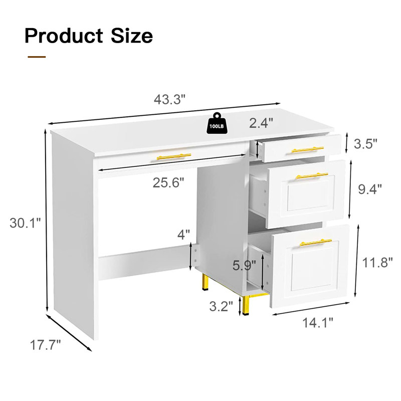 Mercer41 Hasib Rectangle Computer Desk，Desk with Drawers, 43” Home ...