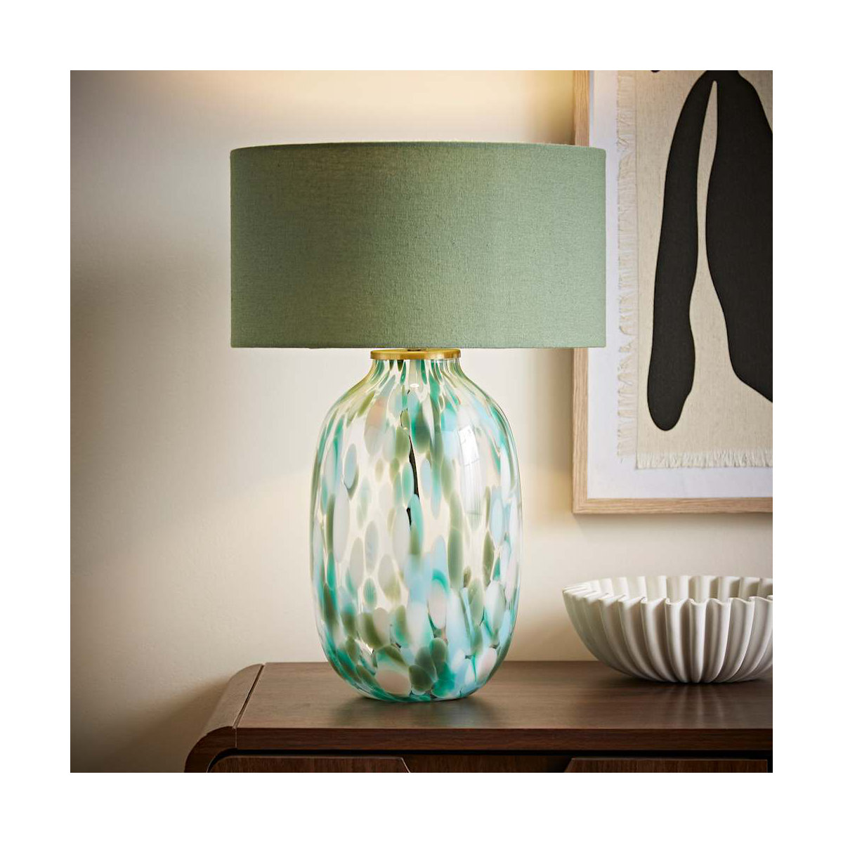Metro Lane Denizard Green Confetti Glass Table Lamp with Drum Shade ...