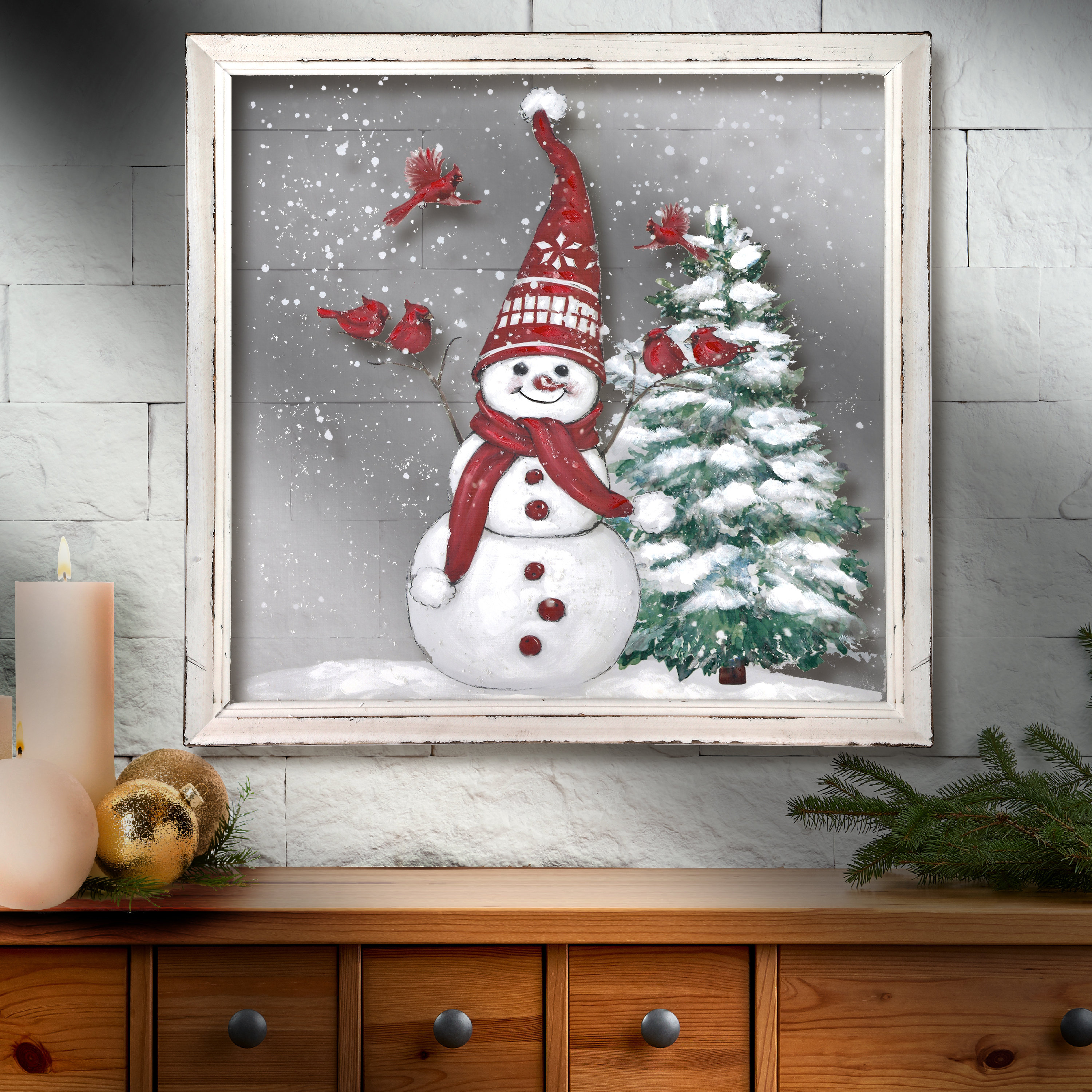 Regency International 24" X24" Snowman With Cardinals Screen Print ...