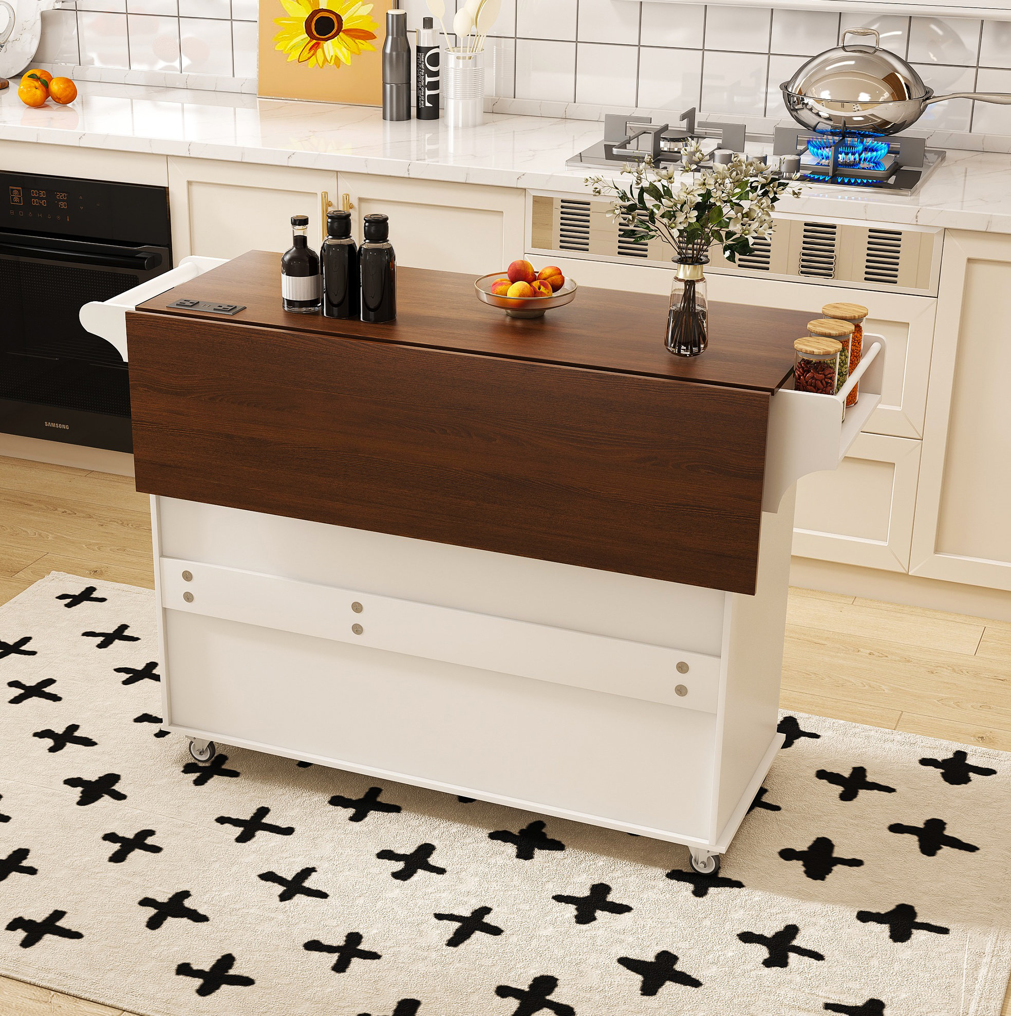 Lark Manor™ White Kitchen Island Cart with Foldable Tabletop & Drop ...