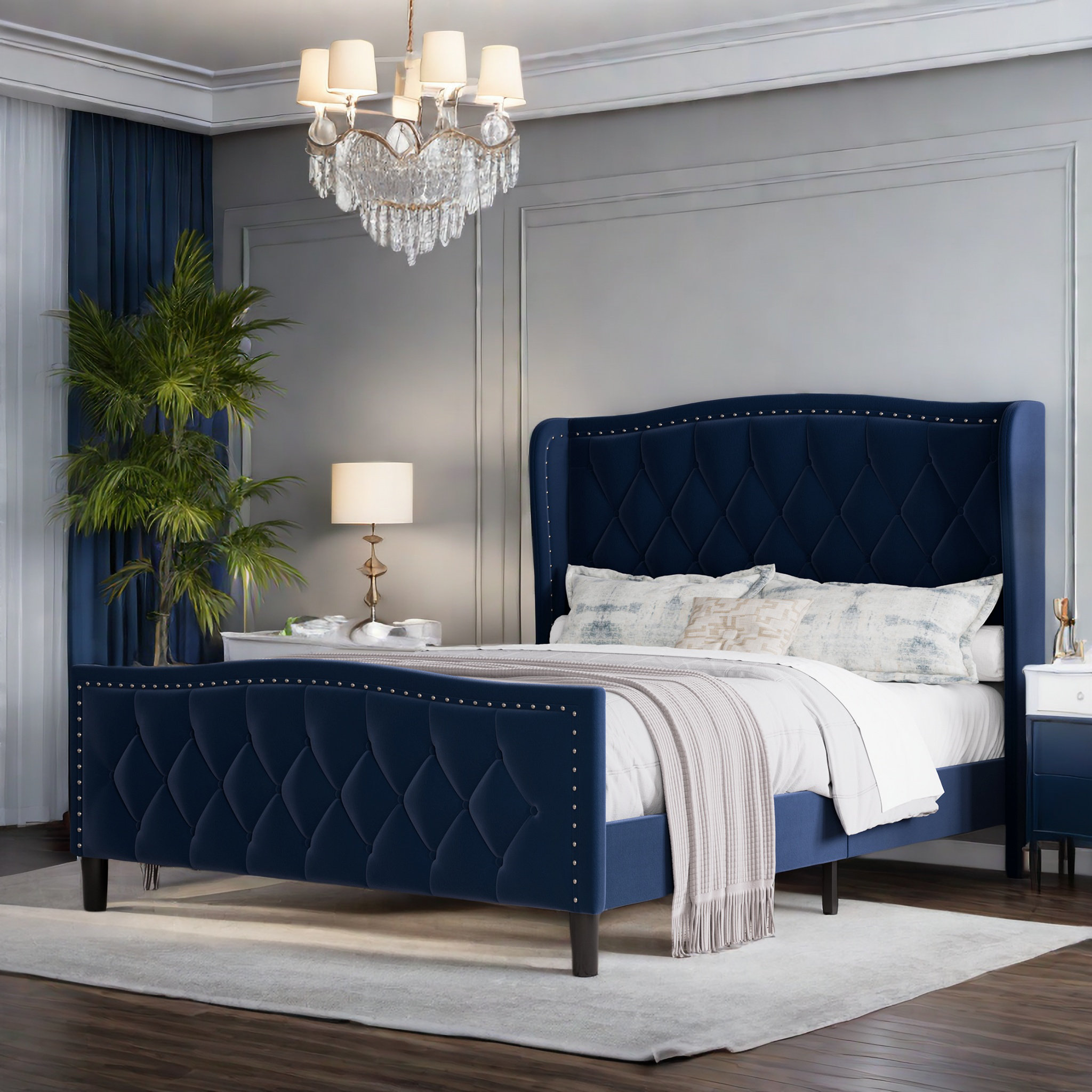 House of Hampton Modern Velvet Platform Bed, Elegant Upholstered Bed ...