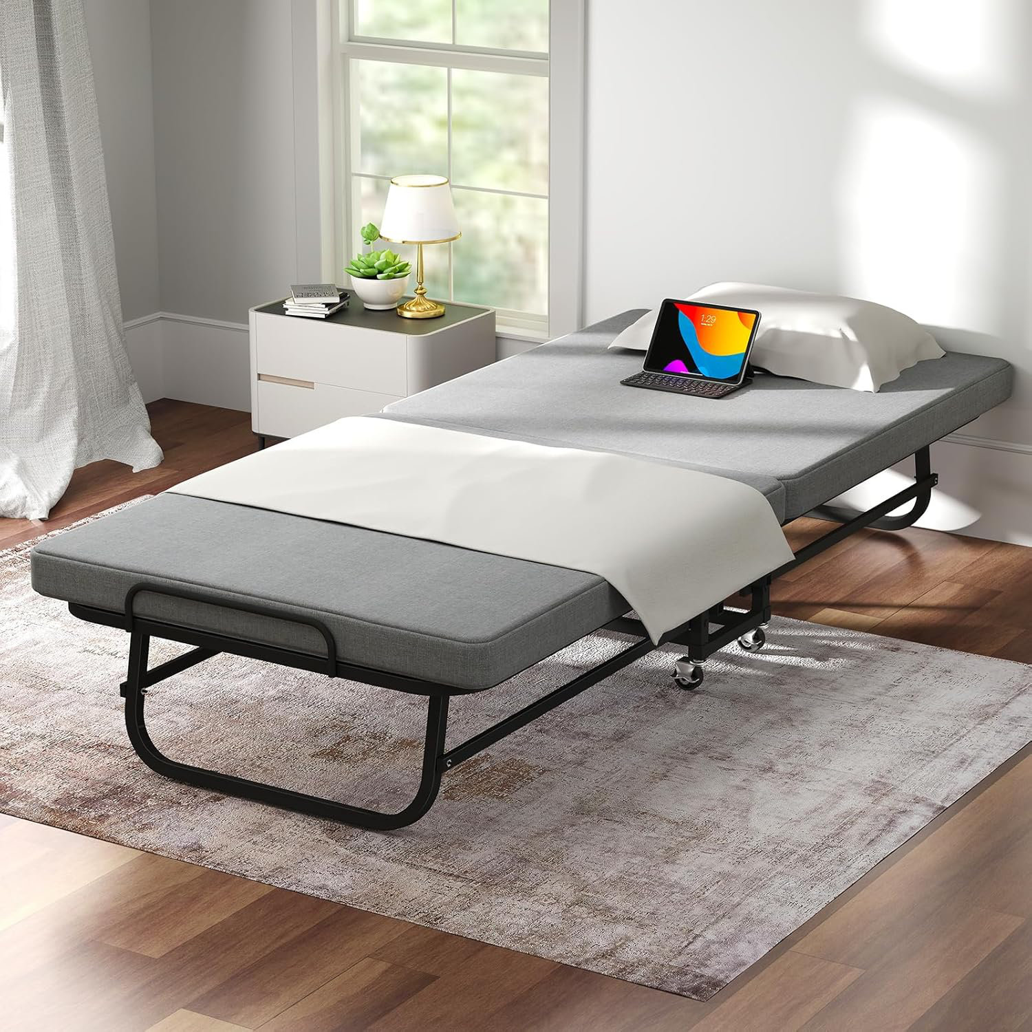 Ebern Designs Folding Bed Frame with Mattress for Adults, Portable Fold ...