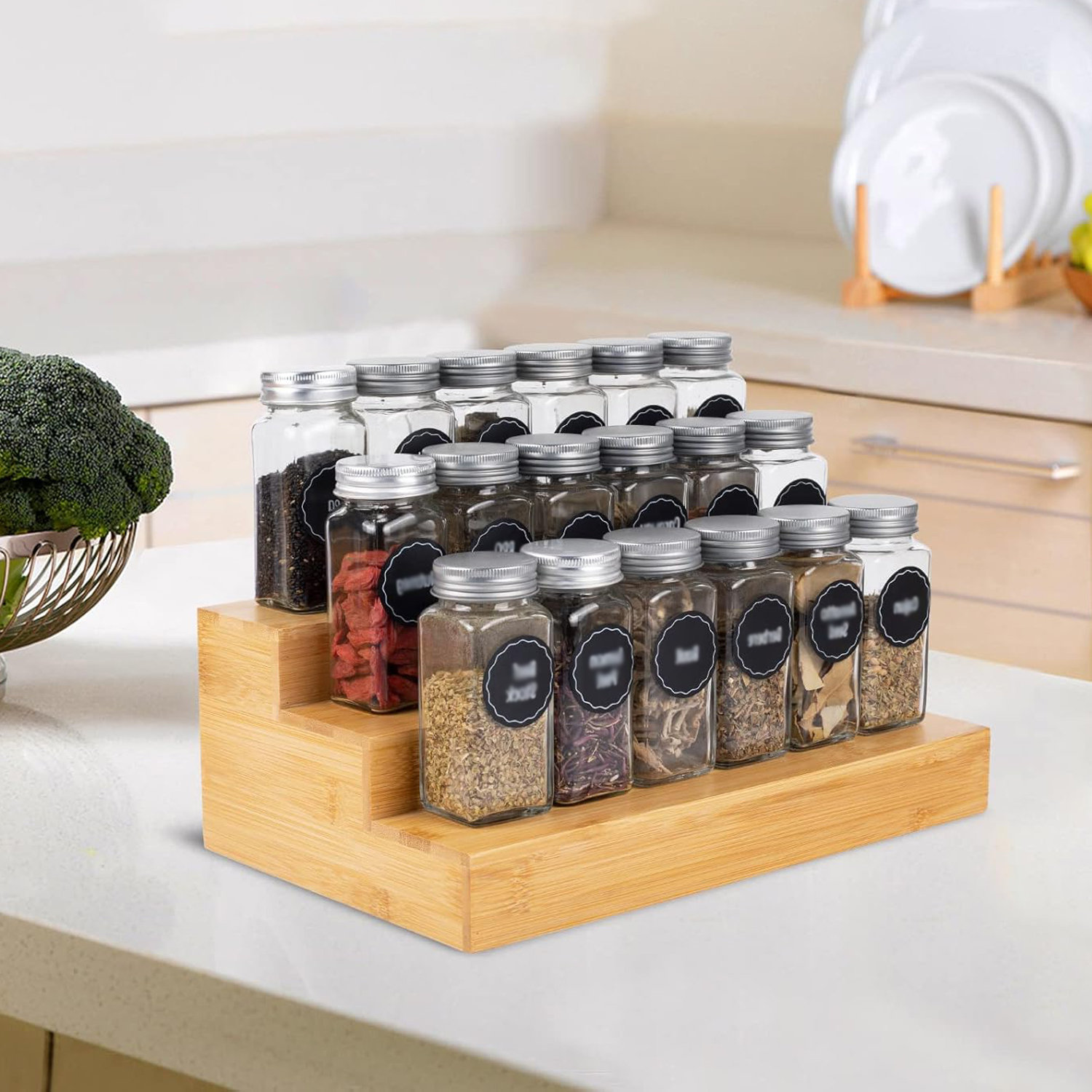 Latitude Run® 2 Pack Bamboo Spice Rack Cabinet Organizer, 3-Tier Countertop Step Spice Shelves ...