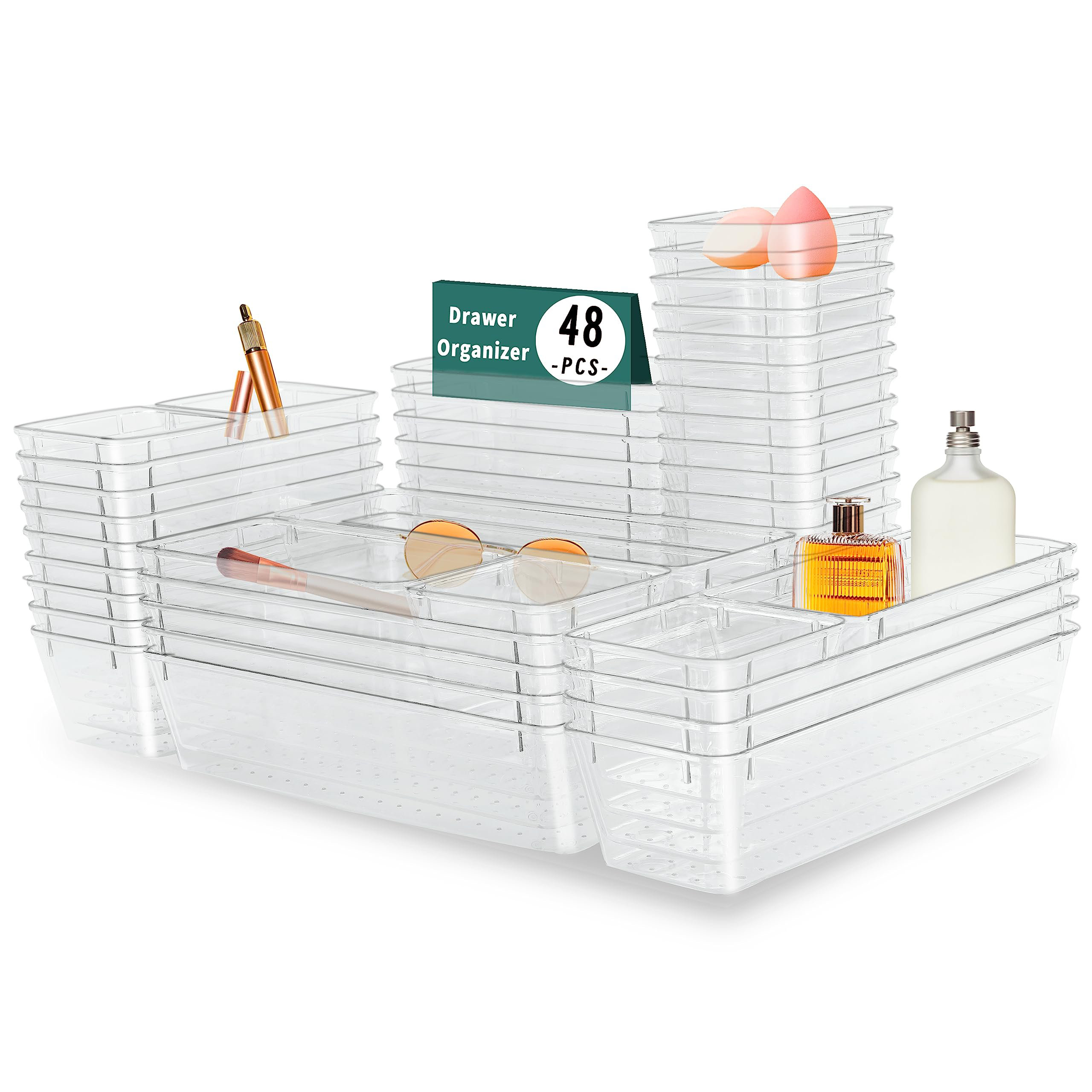 Rebrilliant 48 PCS Clear Plastic Drawer Organizers Set,4 Sizes Desk ...