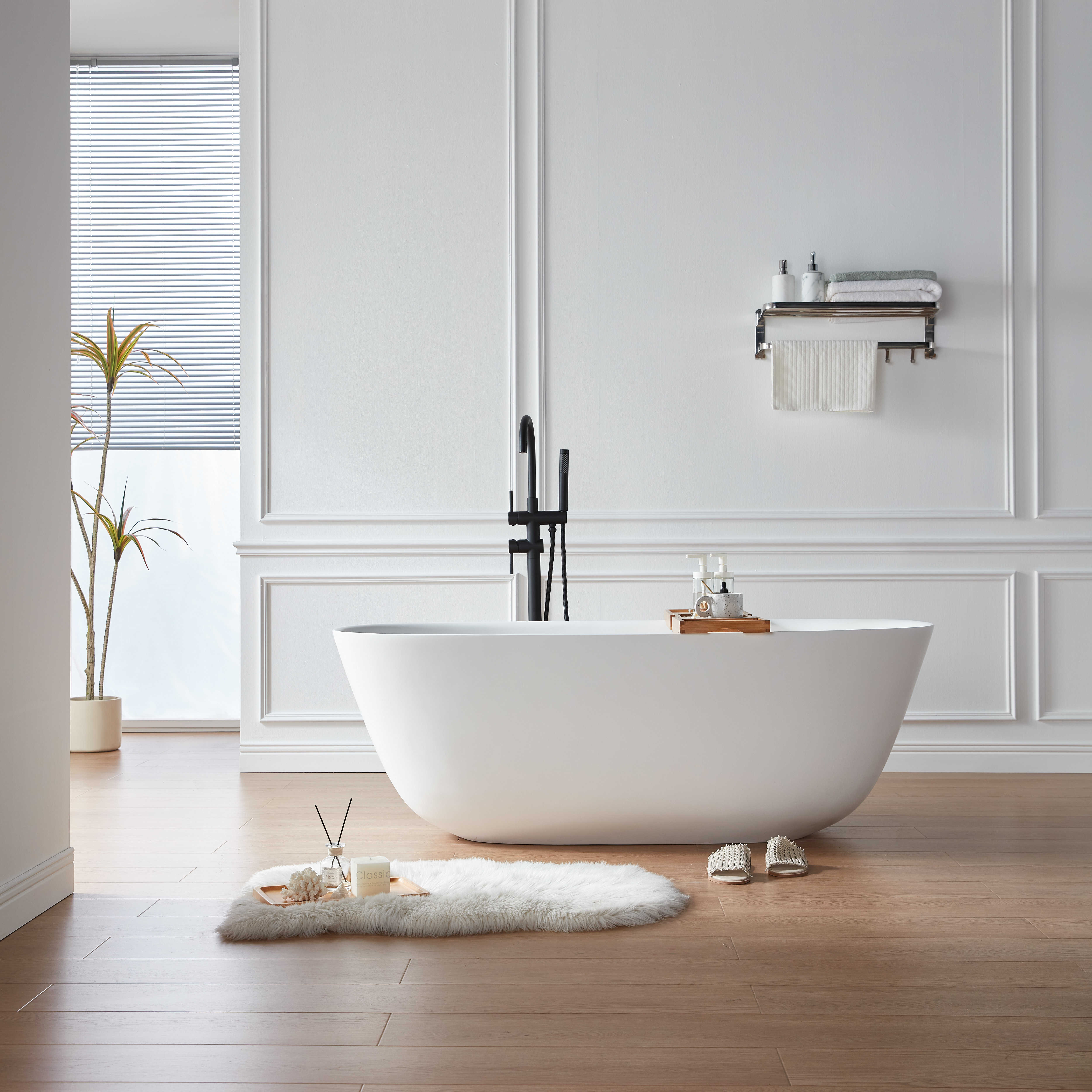 Pensen 55'' x 27.56'' Freestanding Soaking Solid Surface Bathtub ...