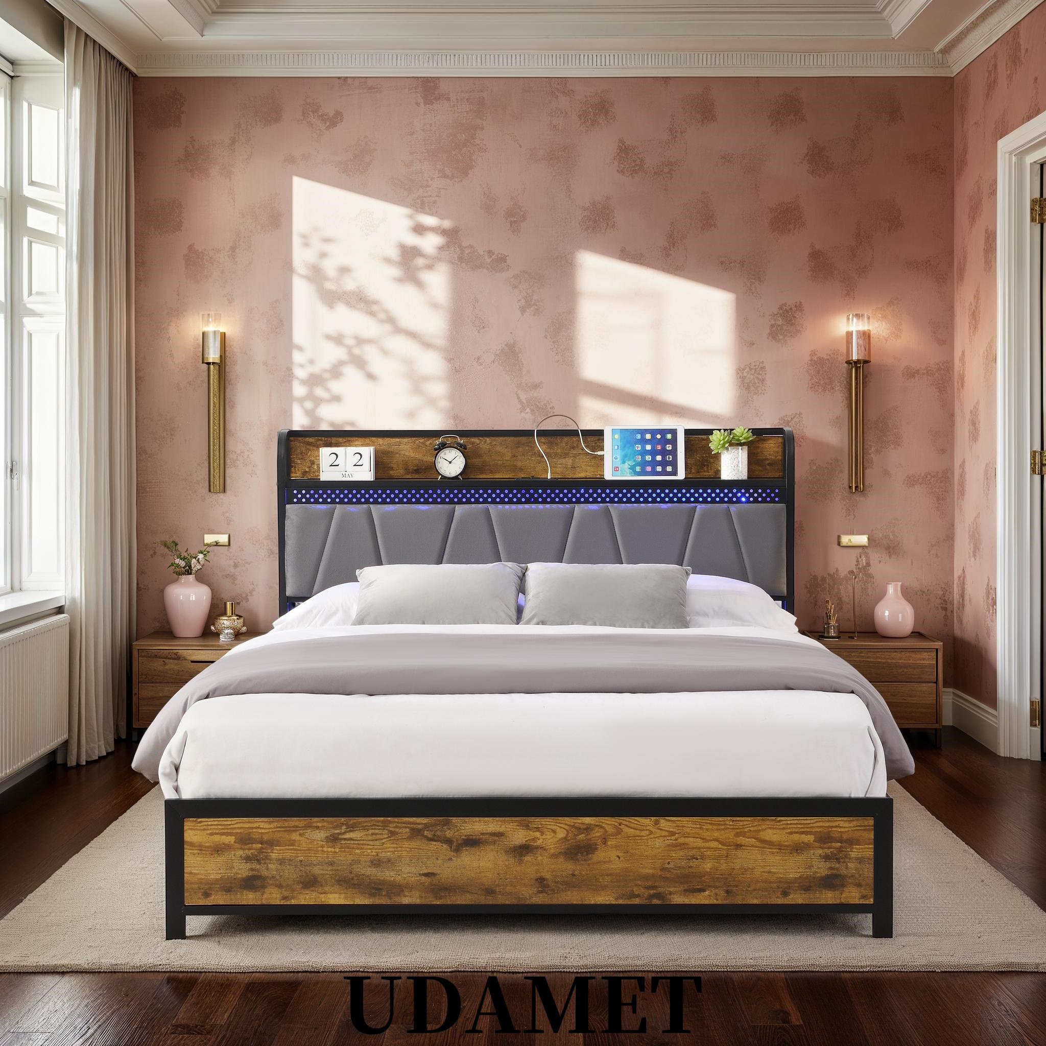 UDAMET Bed Frame with Built-in Outlets&USB, RGB LED Headboard, 4 ...