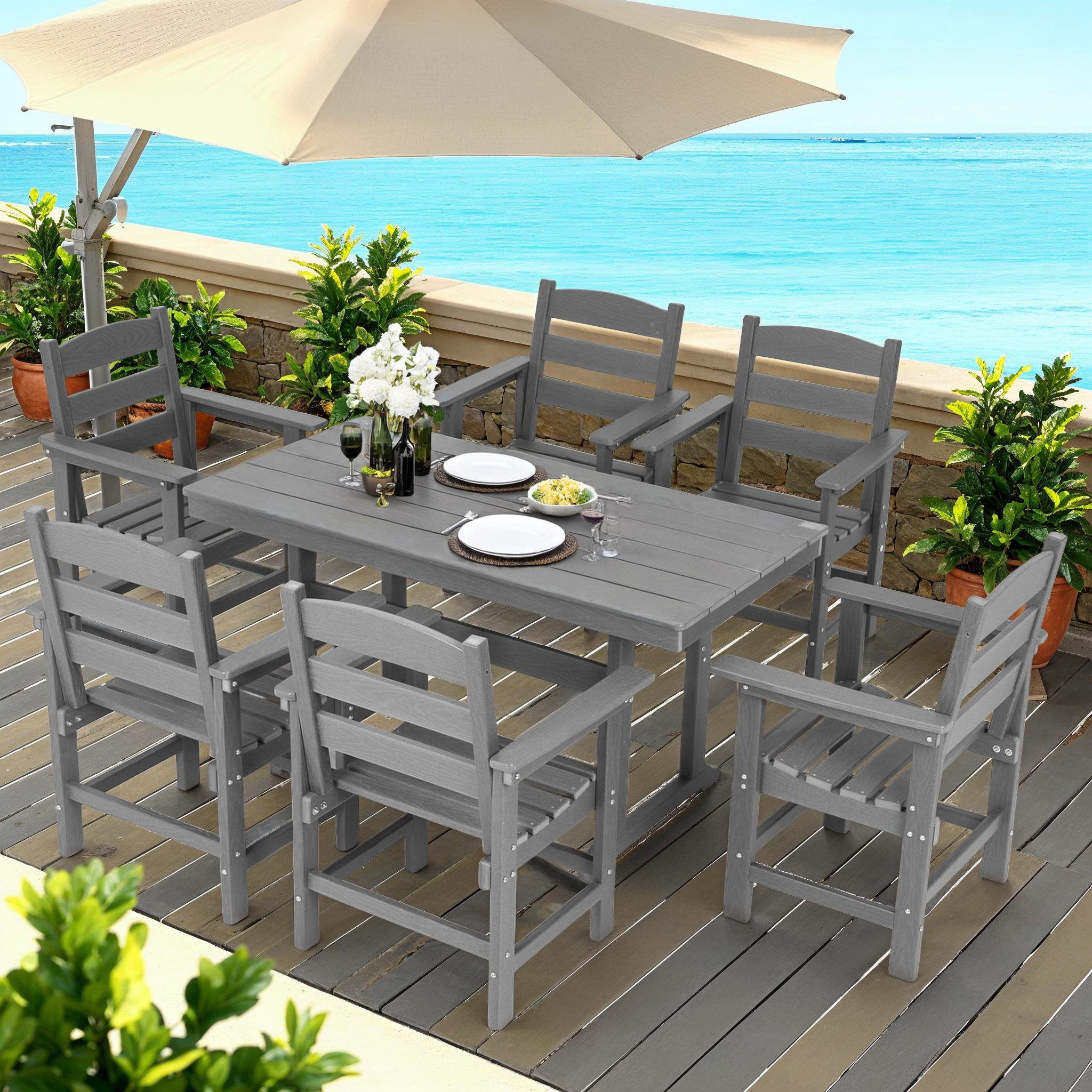 Red Barrel Studio® 7PC Modern Outdoor Dining Set for 6, Durable HDPE ...