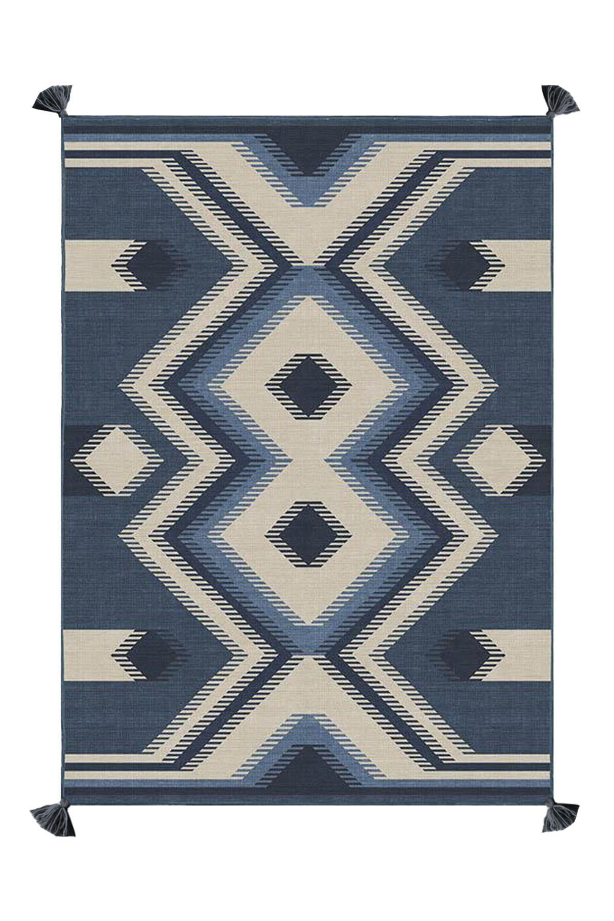 Bungalow Rose Blue Navy Ikat Ethnic Patterned Fringed Woven Base Rug ...