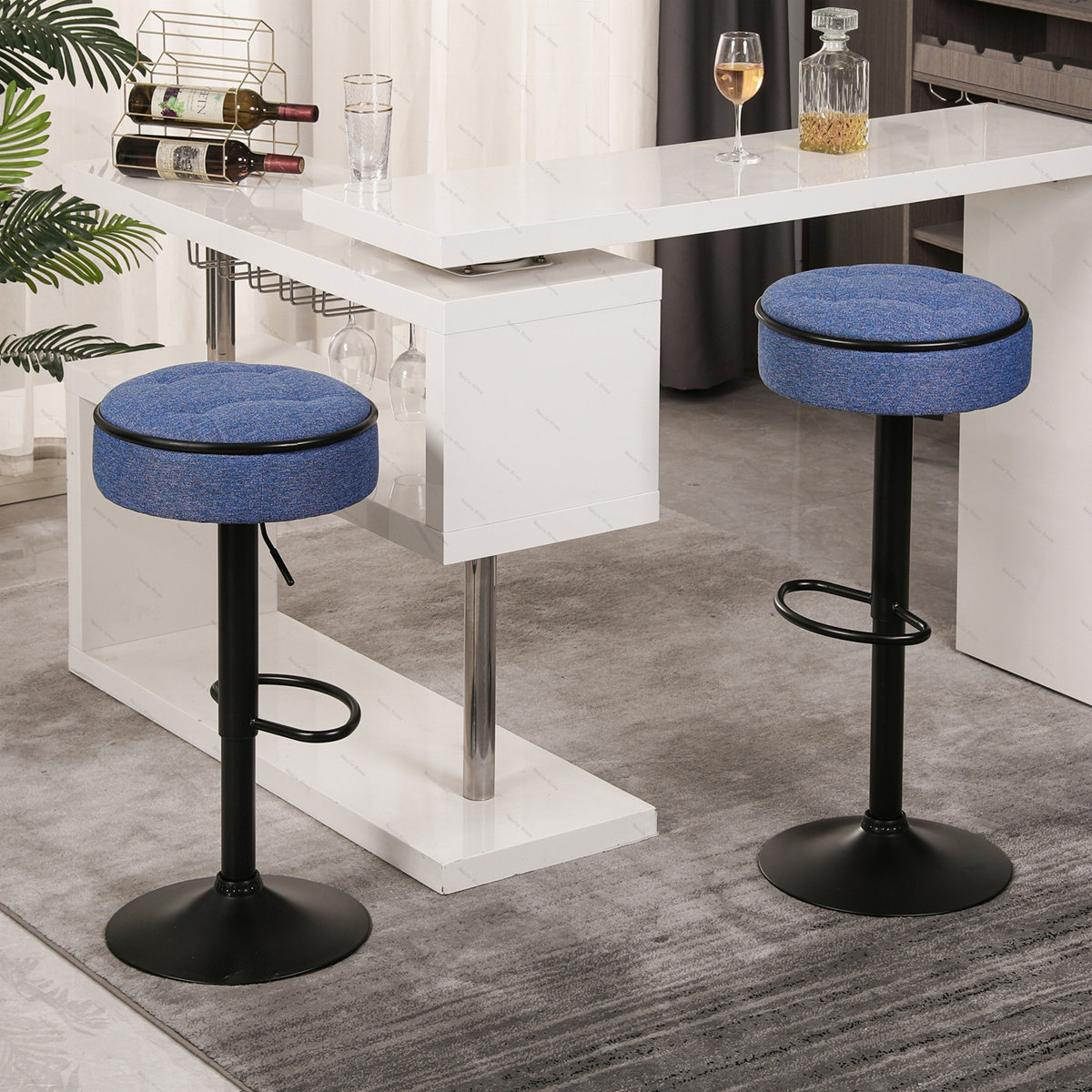 George Oliver Round Storage Bar Stool Set of 2, Grey Linen Height ...