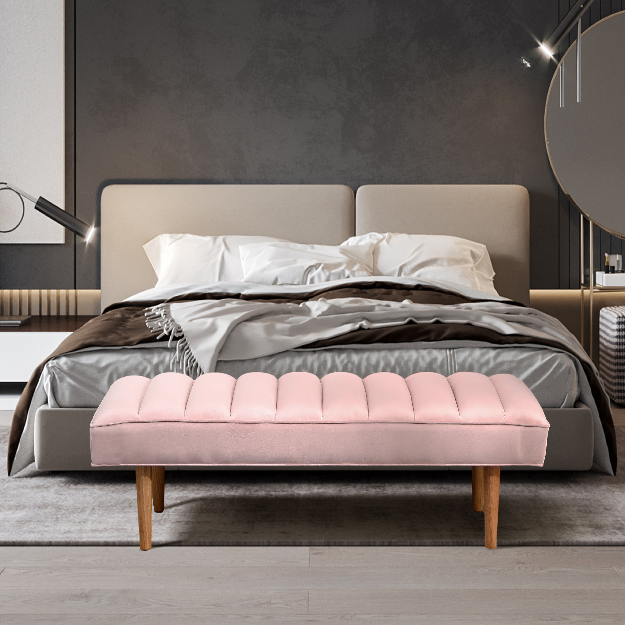 Latitude Run® Channel Tufted Bench White Sherpa Upholstered End Of Bed ...