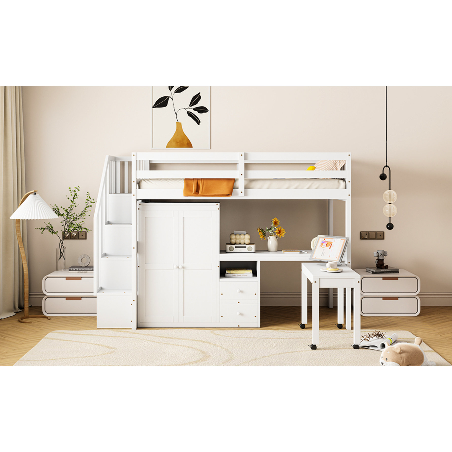 Corrigan Studio Twin Loft Bed With Stairs, Bookshelf, Drawers, Desk And ...