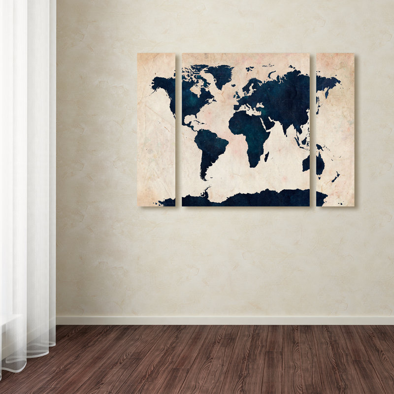 World Menagerie World Map Navy by Michael Tompsett - 3 Piece Print on ...