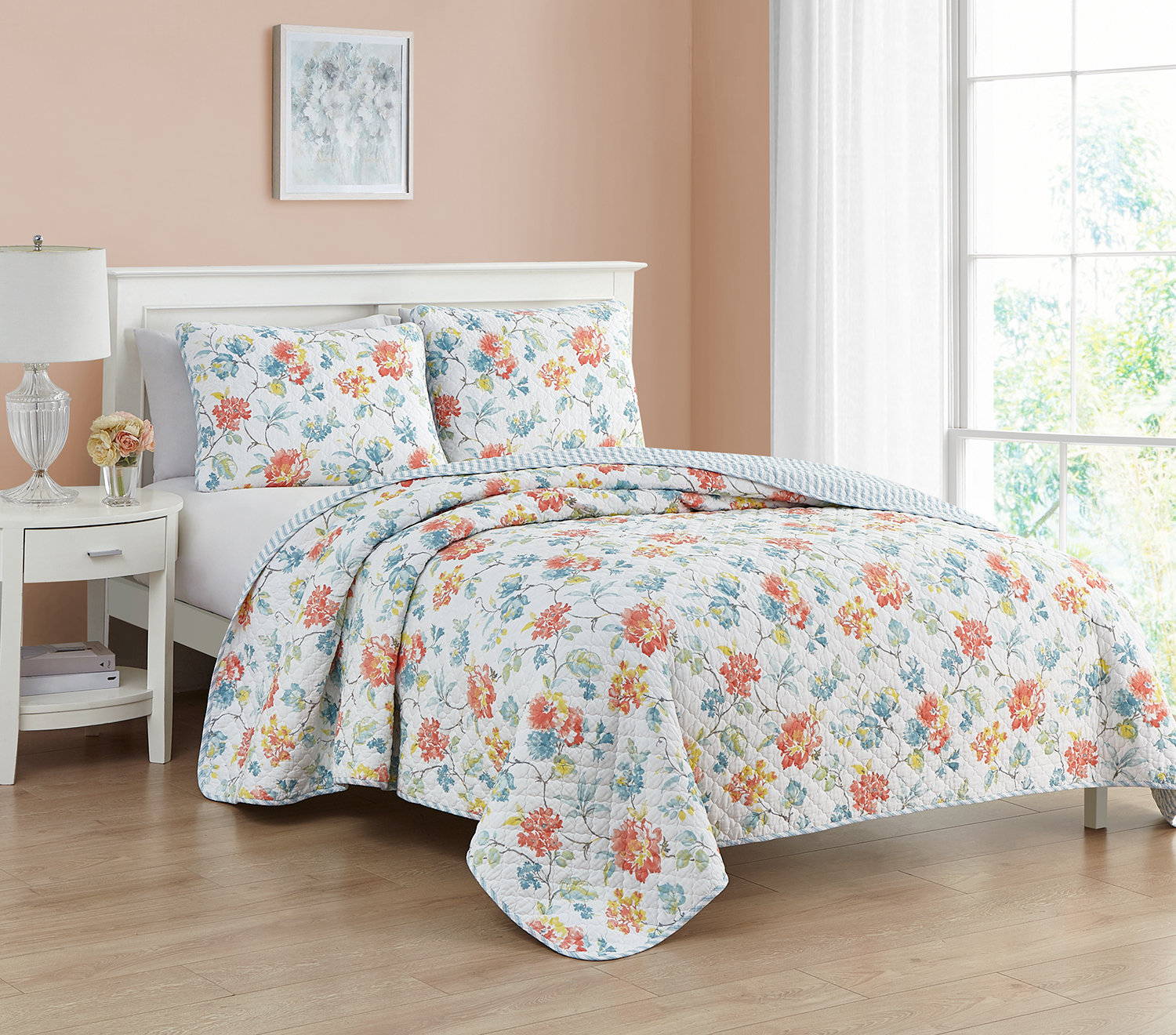 CEDAR COURT Sasha Floral Coral All-Season Reversible Cotton Quilt Set ...