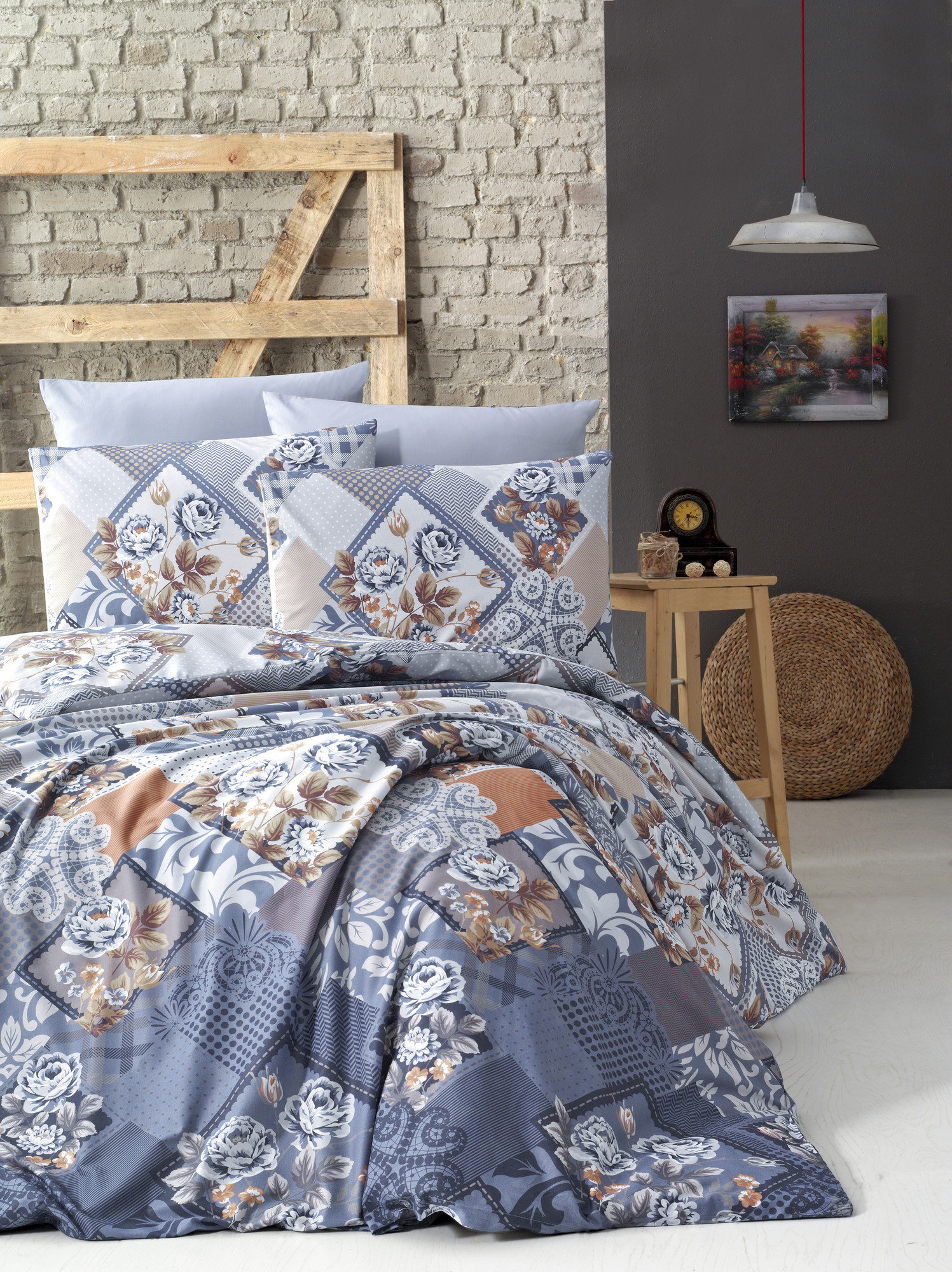 Asir Group INC Zev Blue/White/Brown/Orange 100% Cotton Duvet Cover Set ...