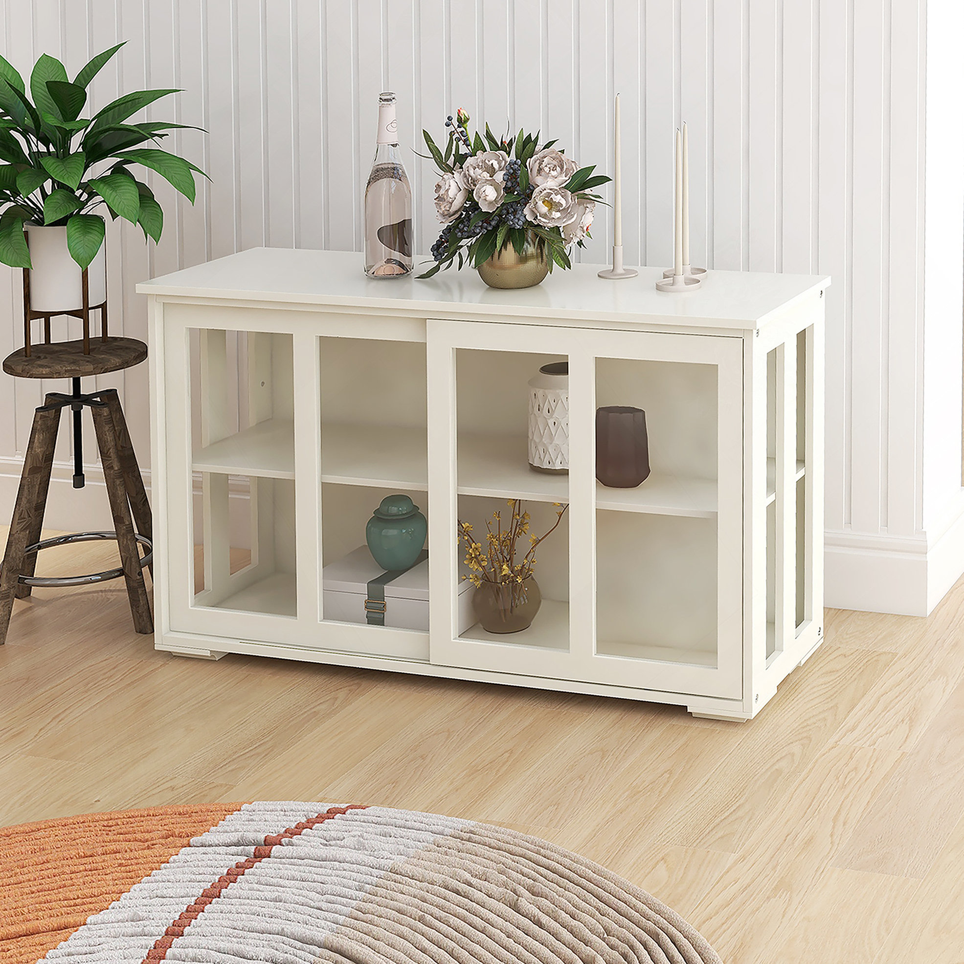 Wrought Studio Kitchen Storage Stand Cupboard With Glass Door-White ...