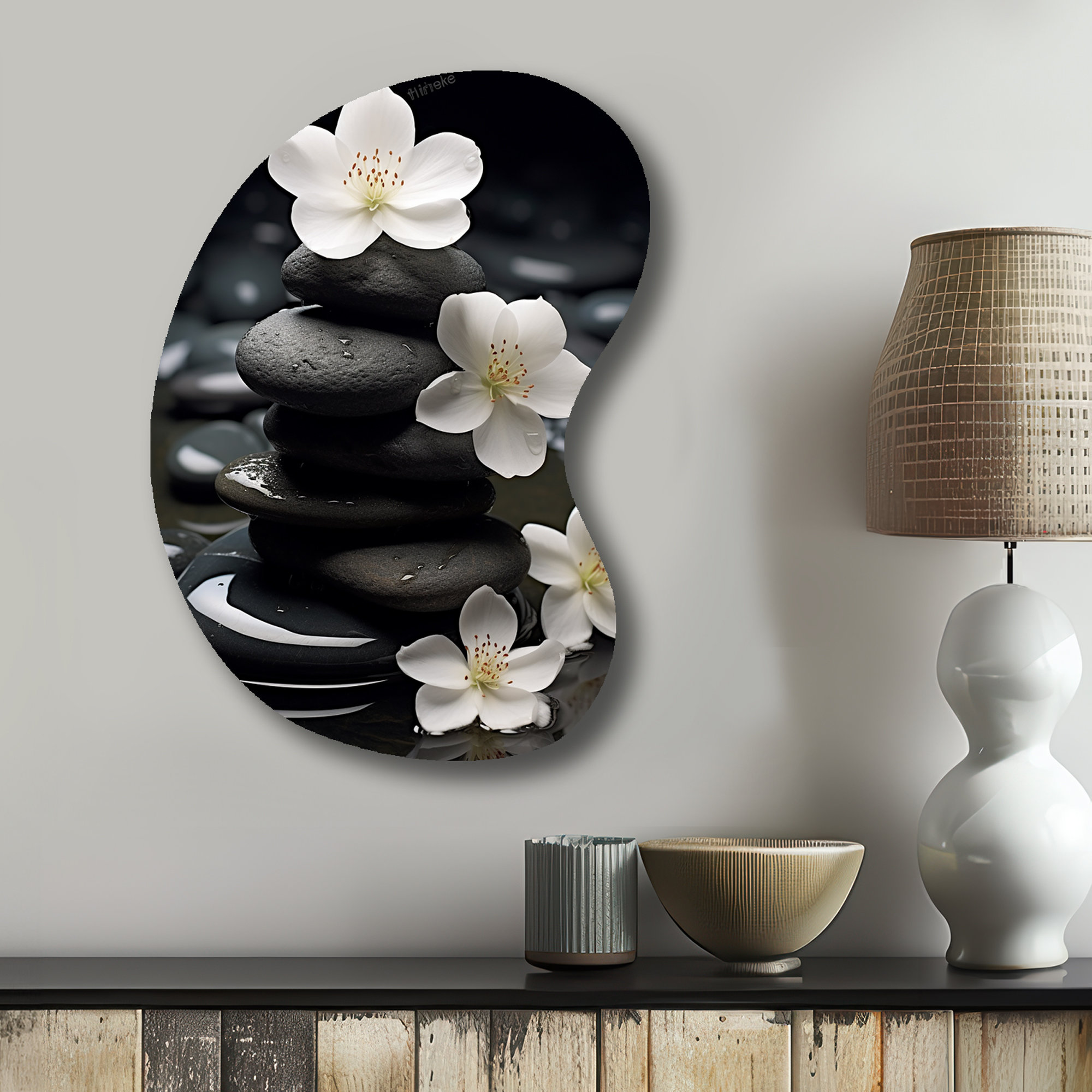 Lark Manor Zen Serenity White Flowers Black Stone Cairn - Spiritual ...