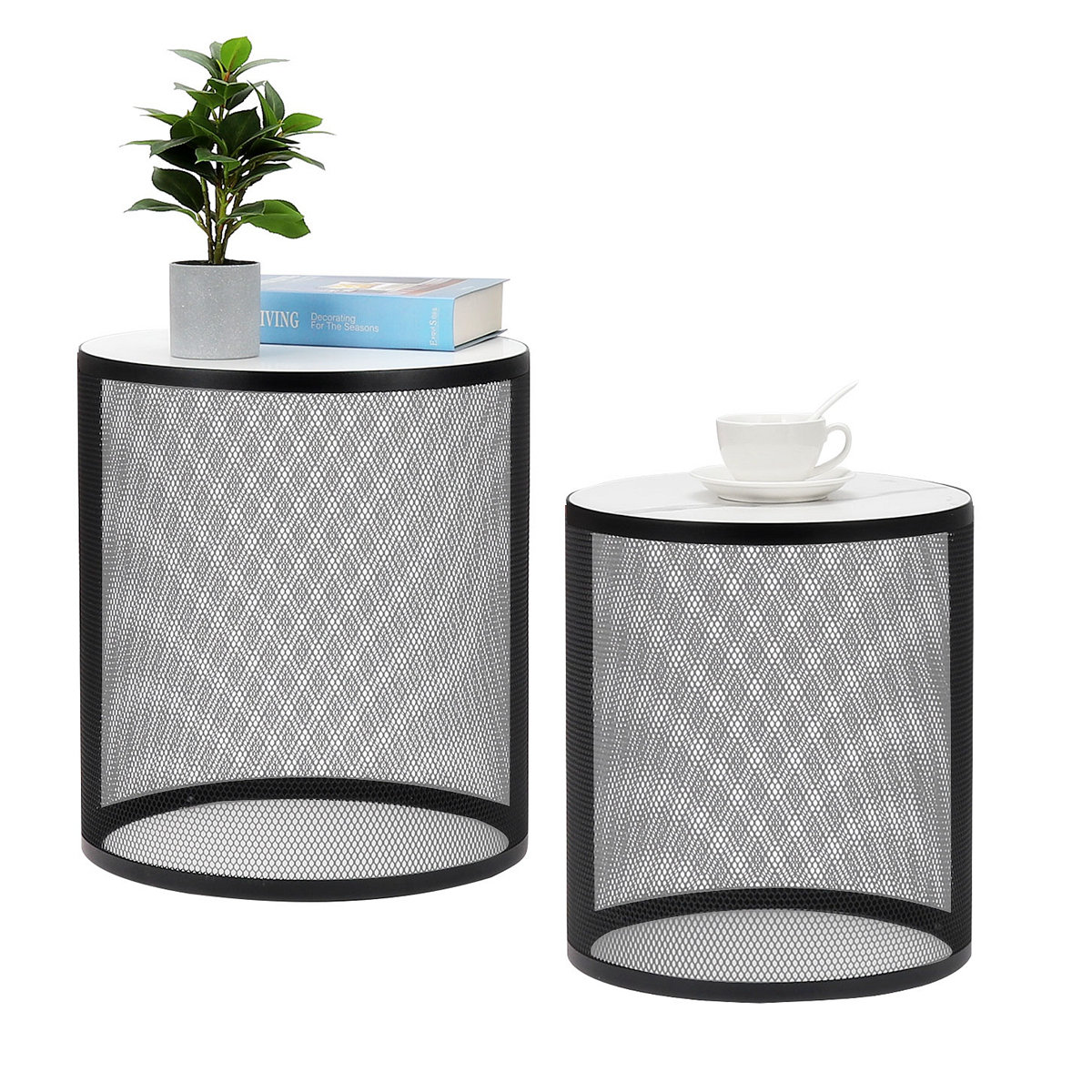 GZMWON Set of 2 Nesting Metal Round Coffee TableSide Table MDF Top End ...