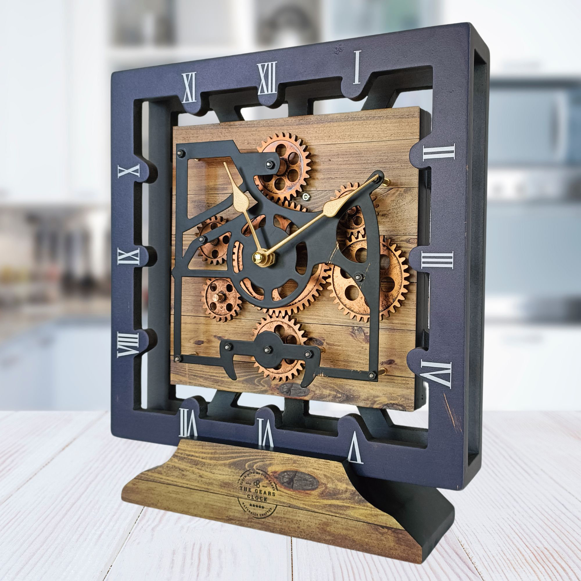 The Gears Clock Desk wooden Clock Square 10 inches with Real Moving ...