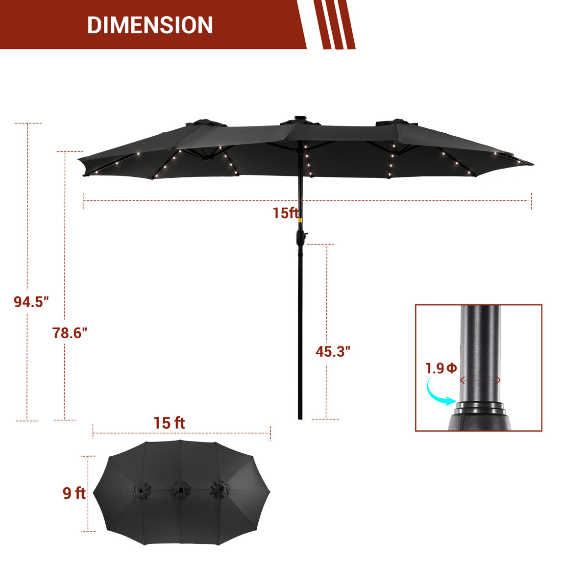 Arlmont & Co. Ruhena 180" × 108" Lighted Market Umbrella Rectangular ...