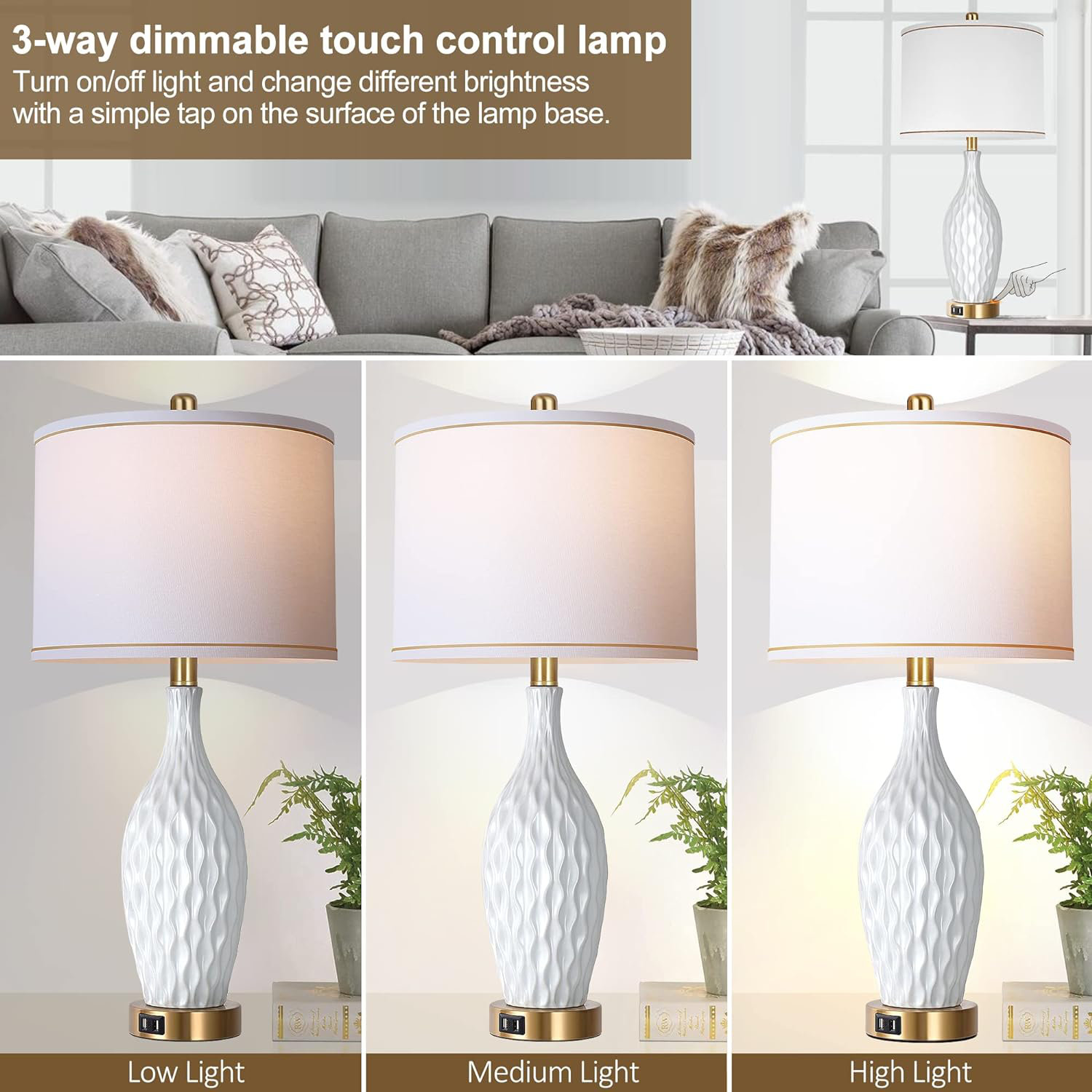 Ivy Bronx White Table Lamp Set Of 2, 3-Way Dimmable Touch Control Gold ...