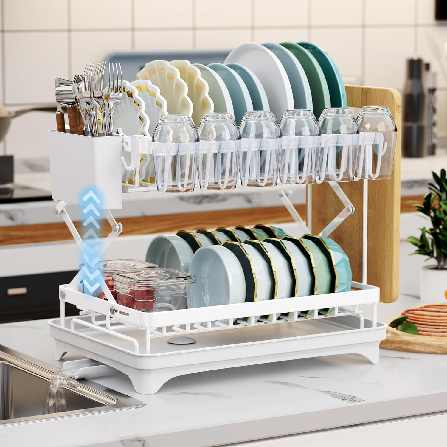QUDOBI Dish Drying Rack Collapsible & Rustproof 2 Tier Dish Rack With ...