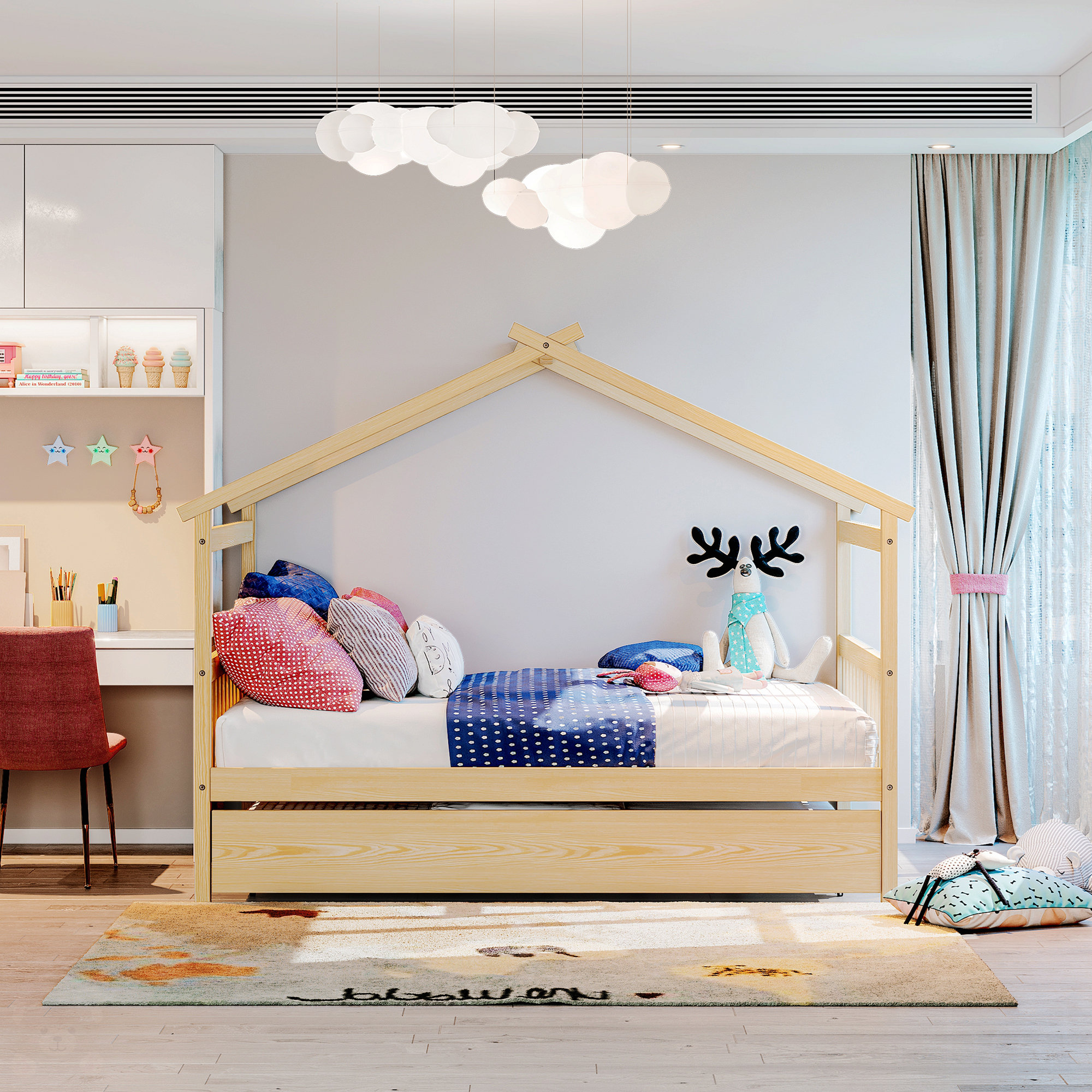 Harper Orchard Full Size Wooden House Bed With Twin Size Trundle | Wayfair