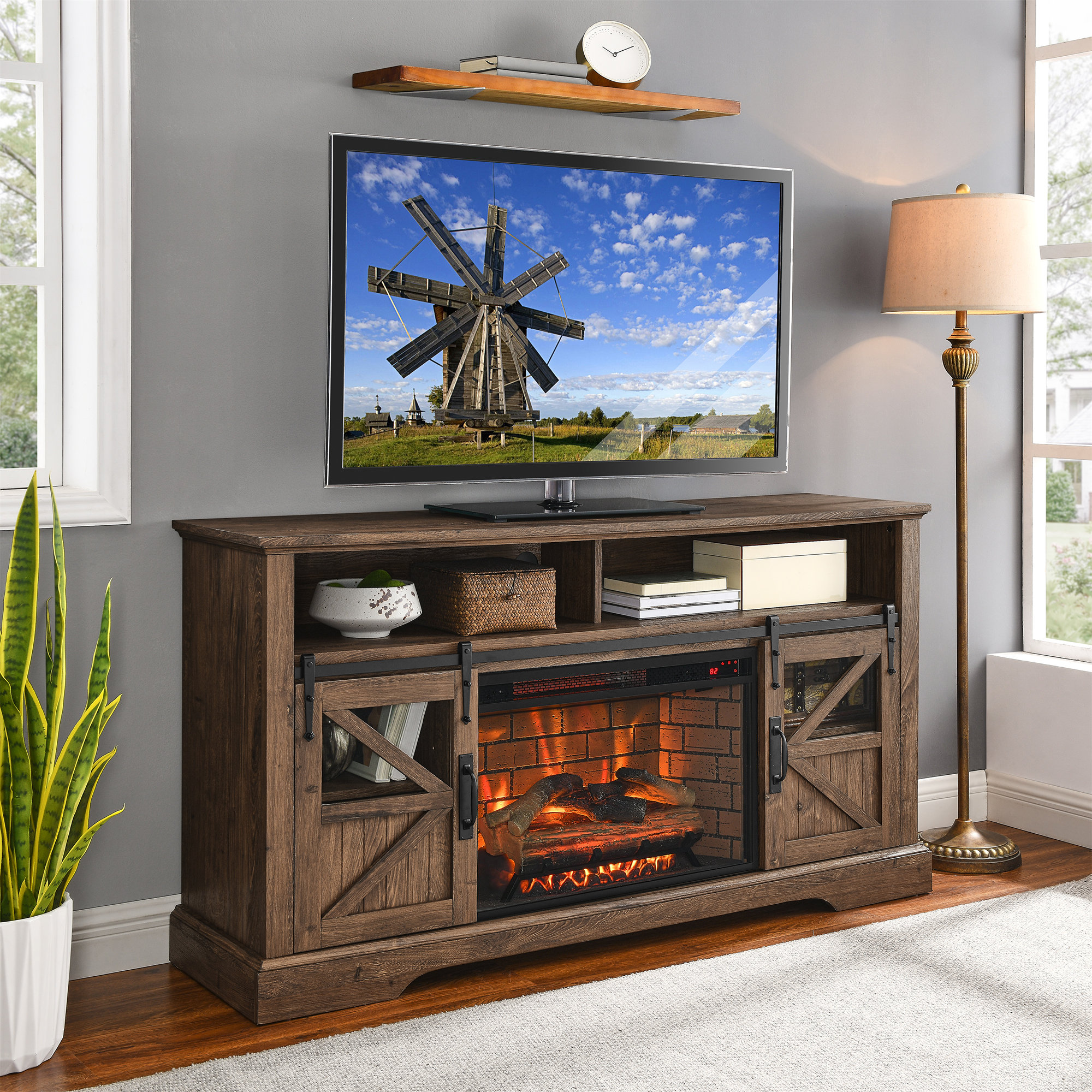 August Grove® 60 Inch Electric Fireplace Entertainment Center With Door ...