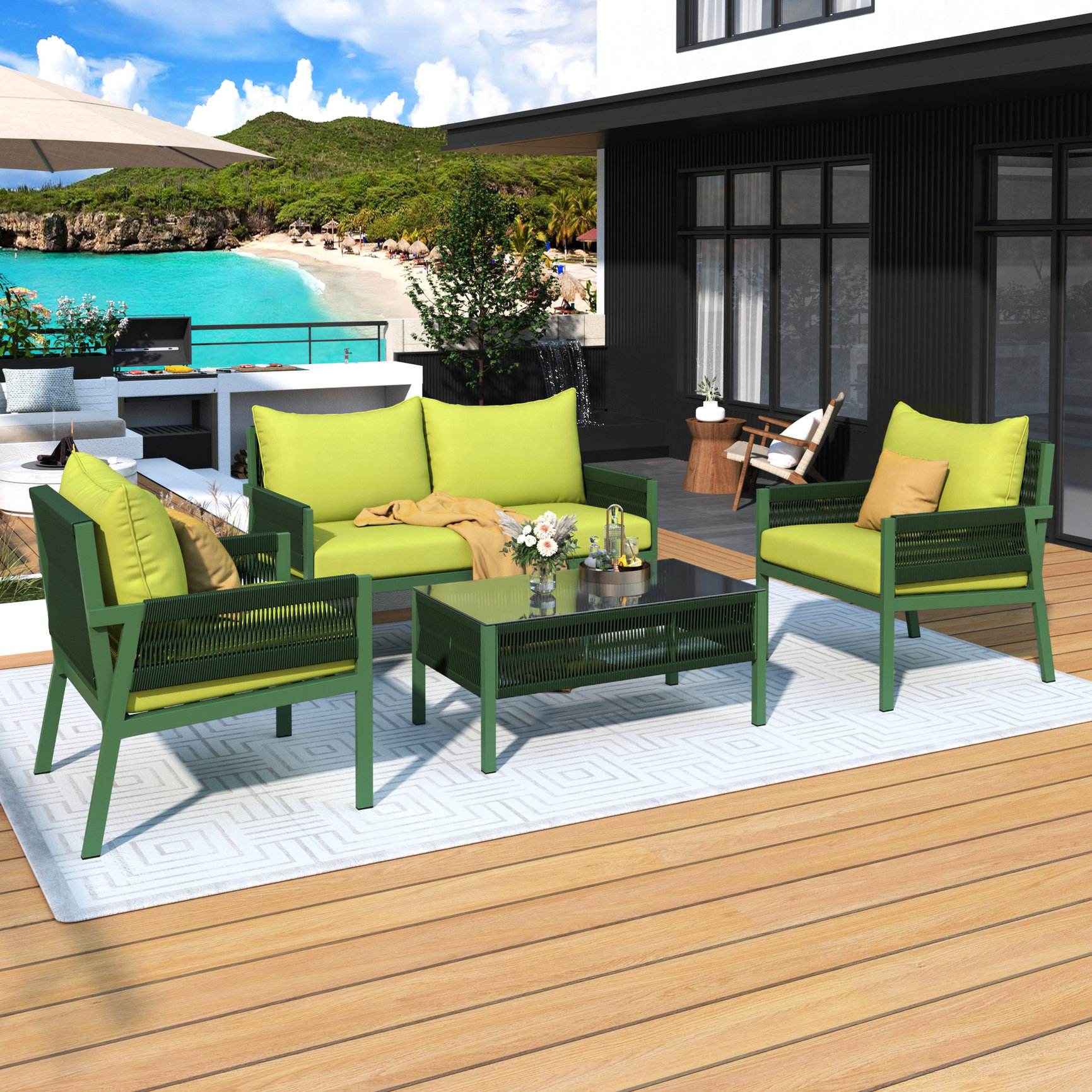 Ivy Bronx 4 Patio Furniture With - Cushions & Tempered Glass Table ...