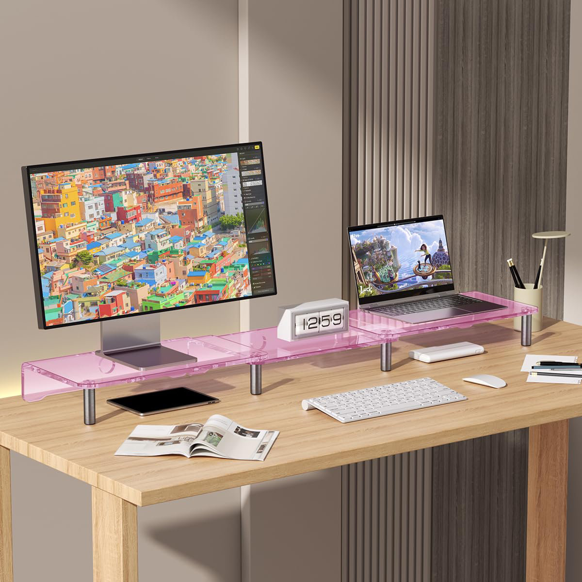 hongzhi Dual Monitor Stand Riser, 3 Shelf Acrylic Monitor Stand With ...