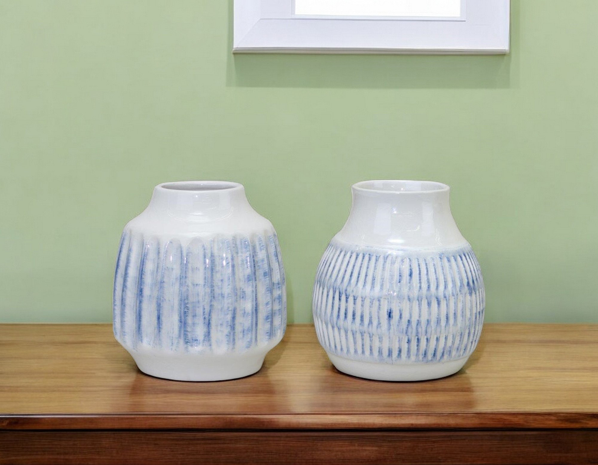 HomeRoots Set of Two White and Blue Ceramic Striped Round Table Vase ...