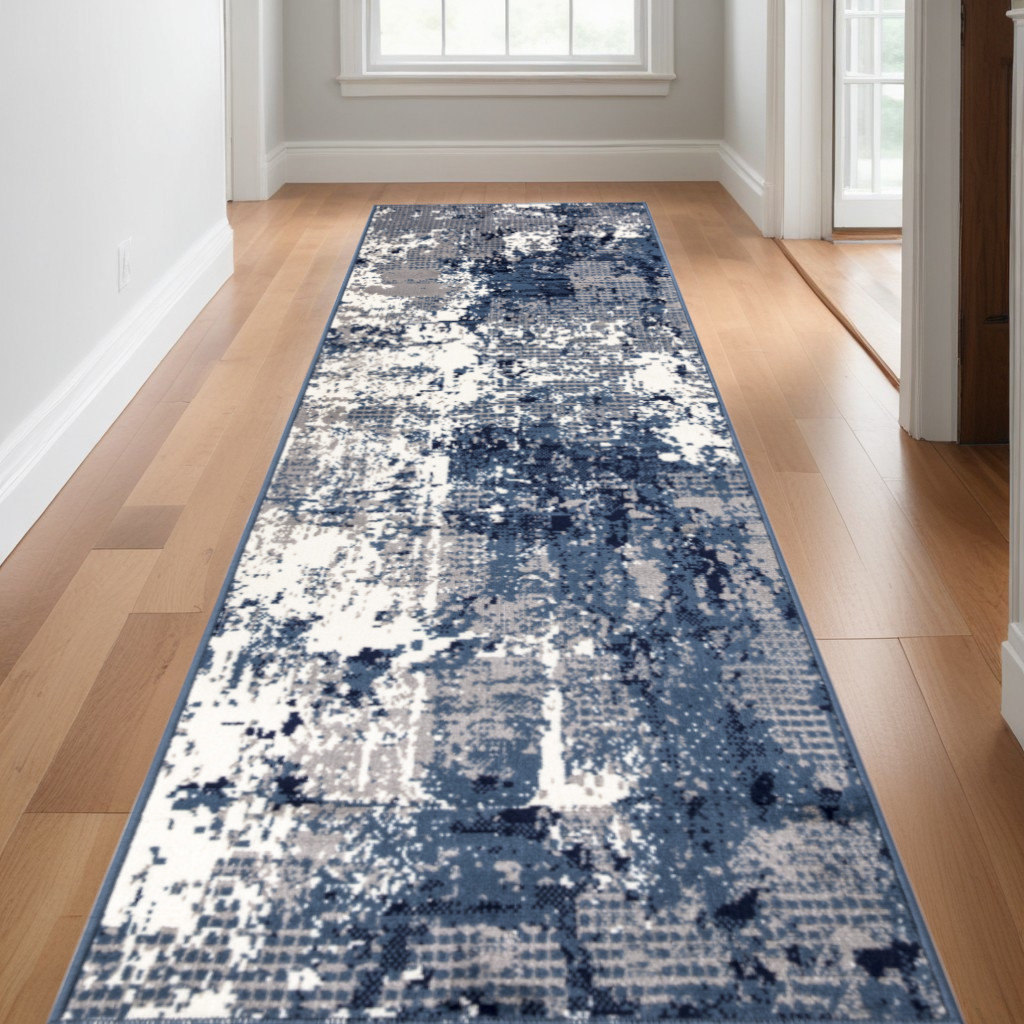 HomeRoots 12' Blue Abstract Power Loom Runner Rug | Wayfair
