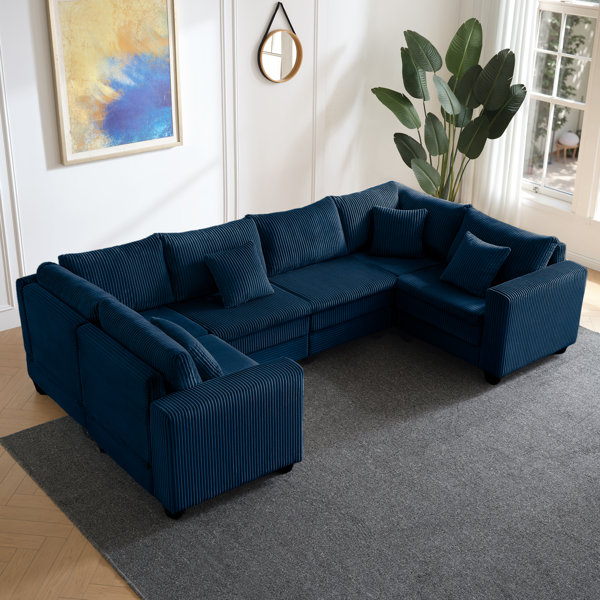 Mercer41 128" Wide U Shaped Sectional Sofa Couch Comfy Corduroy Modular ...