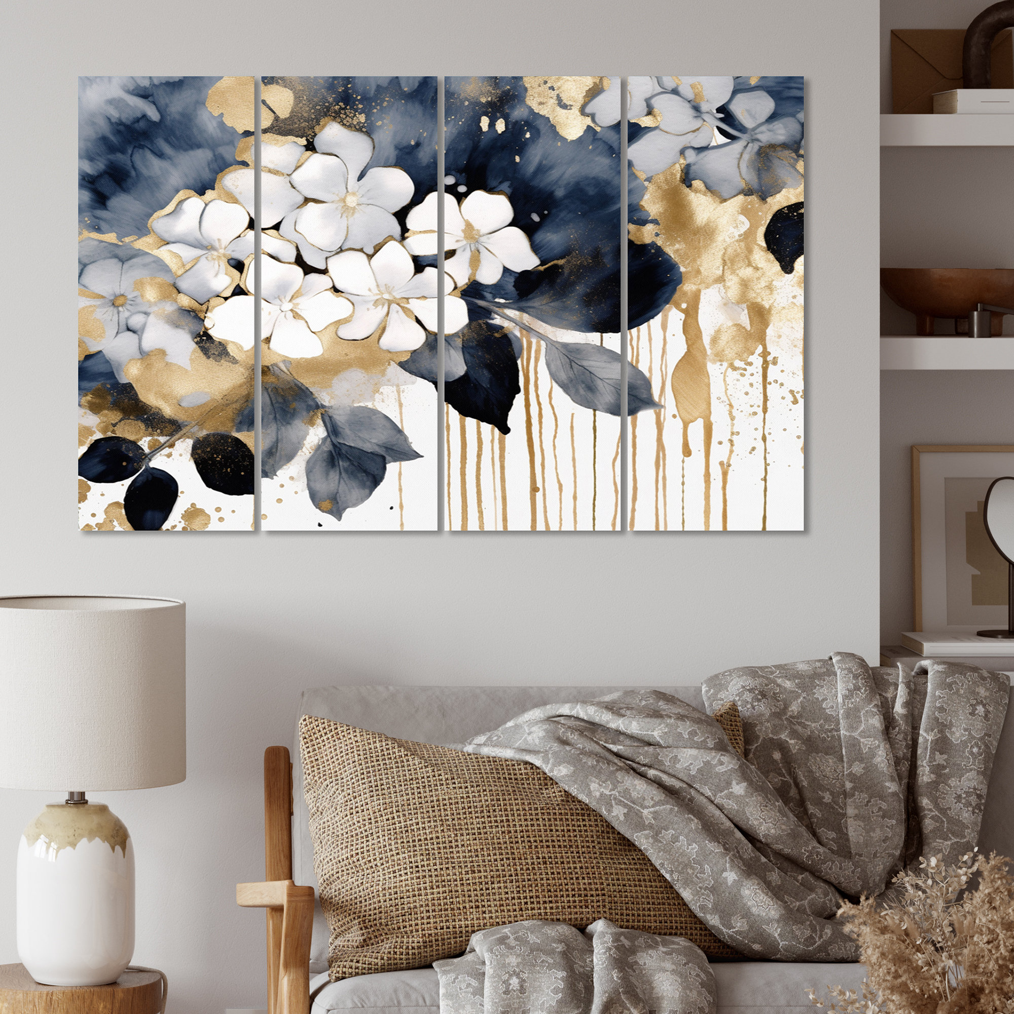 Design Art 4 White Gold Hydrangea Blooms Heaven I Wall Decor Set Metal ...