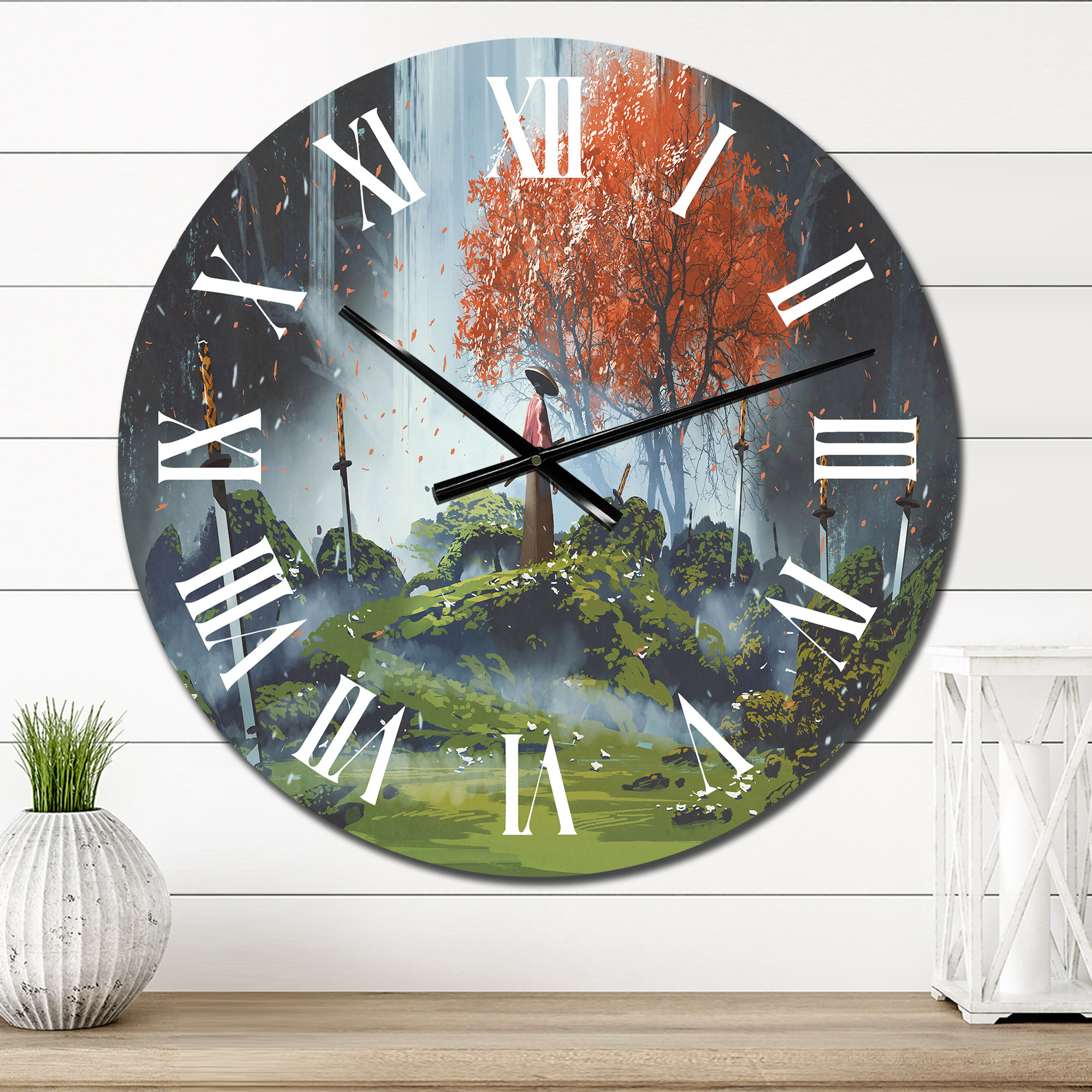 East Urban Home Samurai Standing in Waterfall Garden with Swords ...