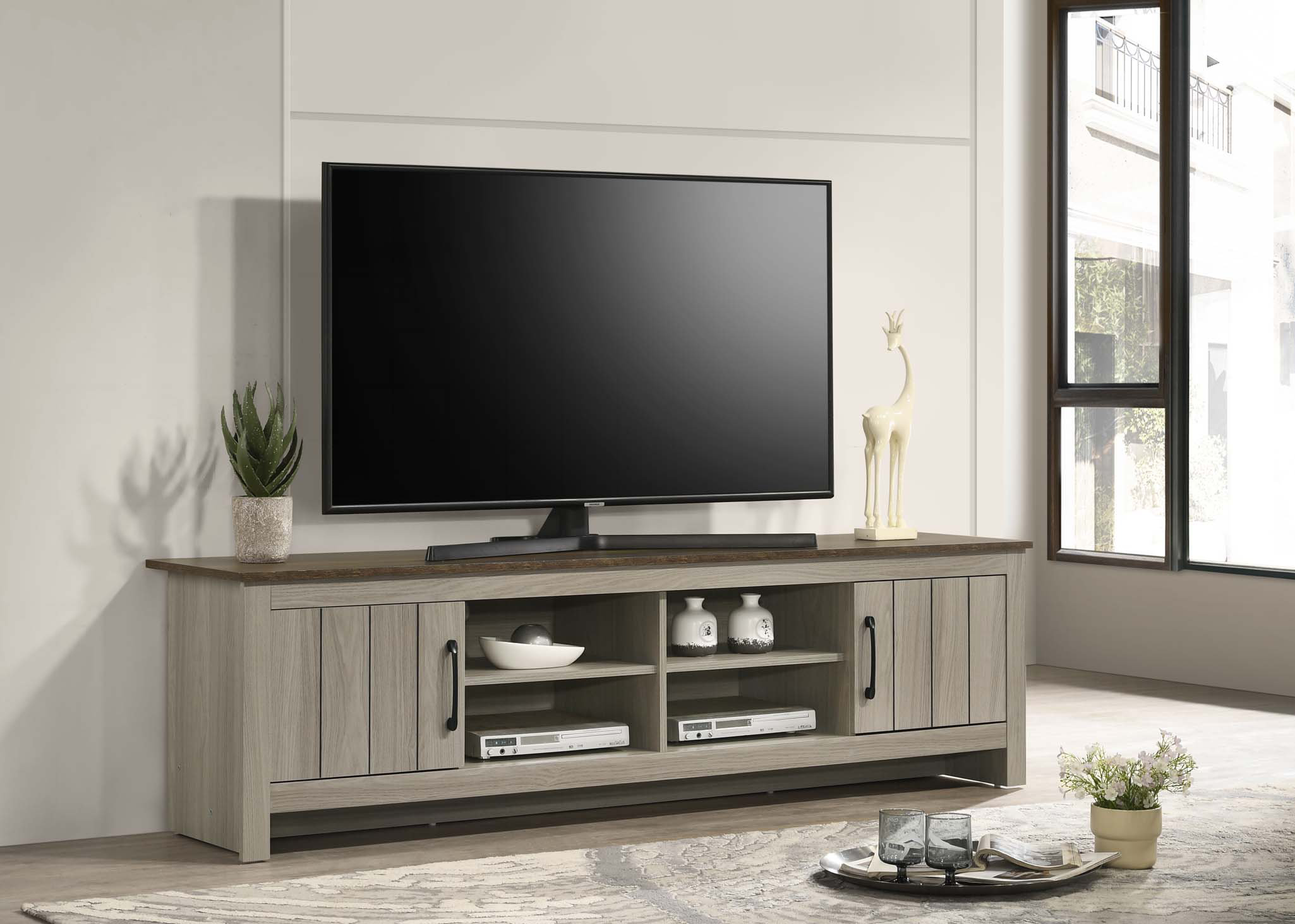 Ebern Designs Nyla 68.5"W Gray Oak TV Stand with Shelves and Cabinet ...