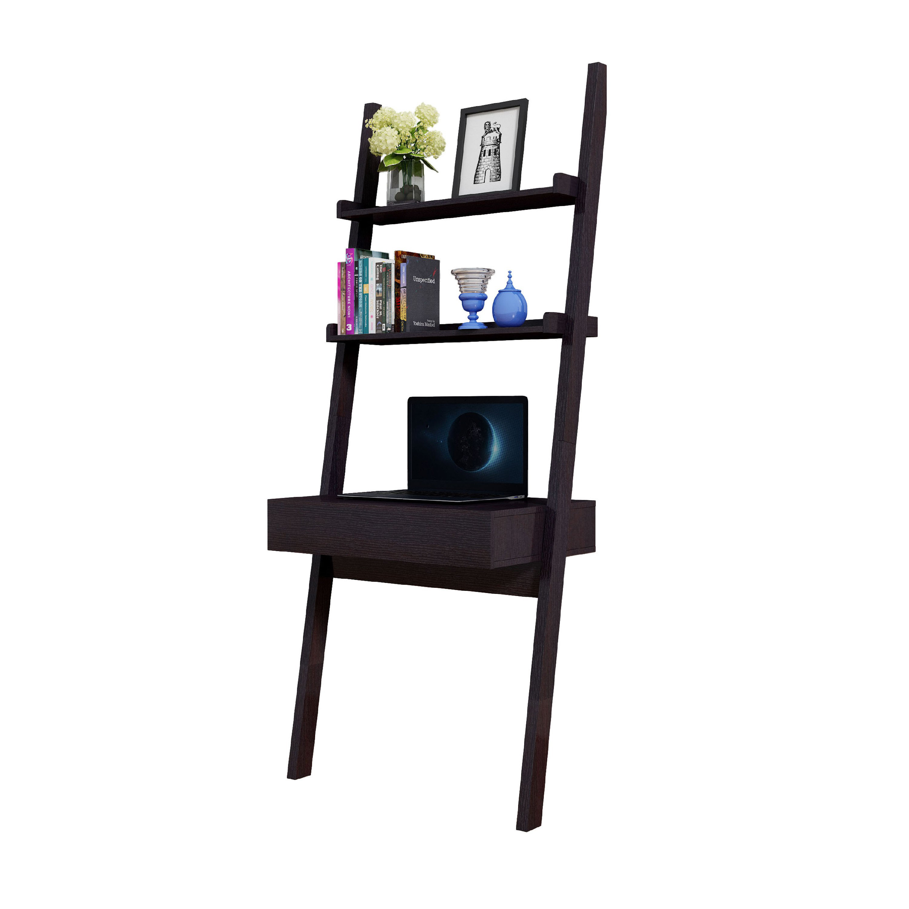 Benjara Tall Desk With Ladder Shelves, 1 Drawer 2 Shelves, 72 Inch ...