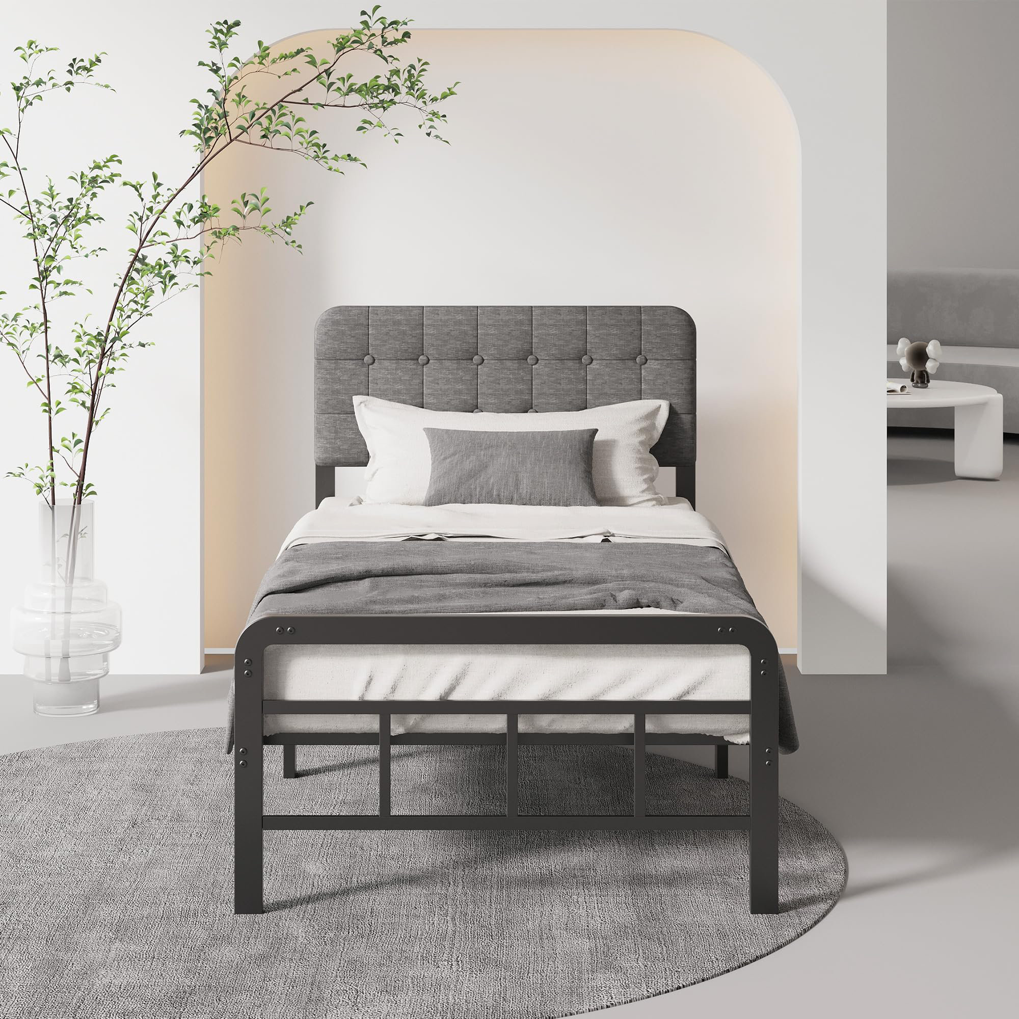 17 Stories 12 Inch Bed Frame with Upholstered Headboard and Metal ...