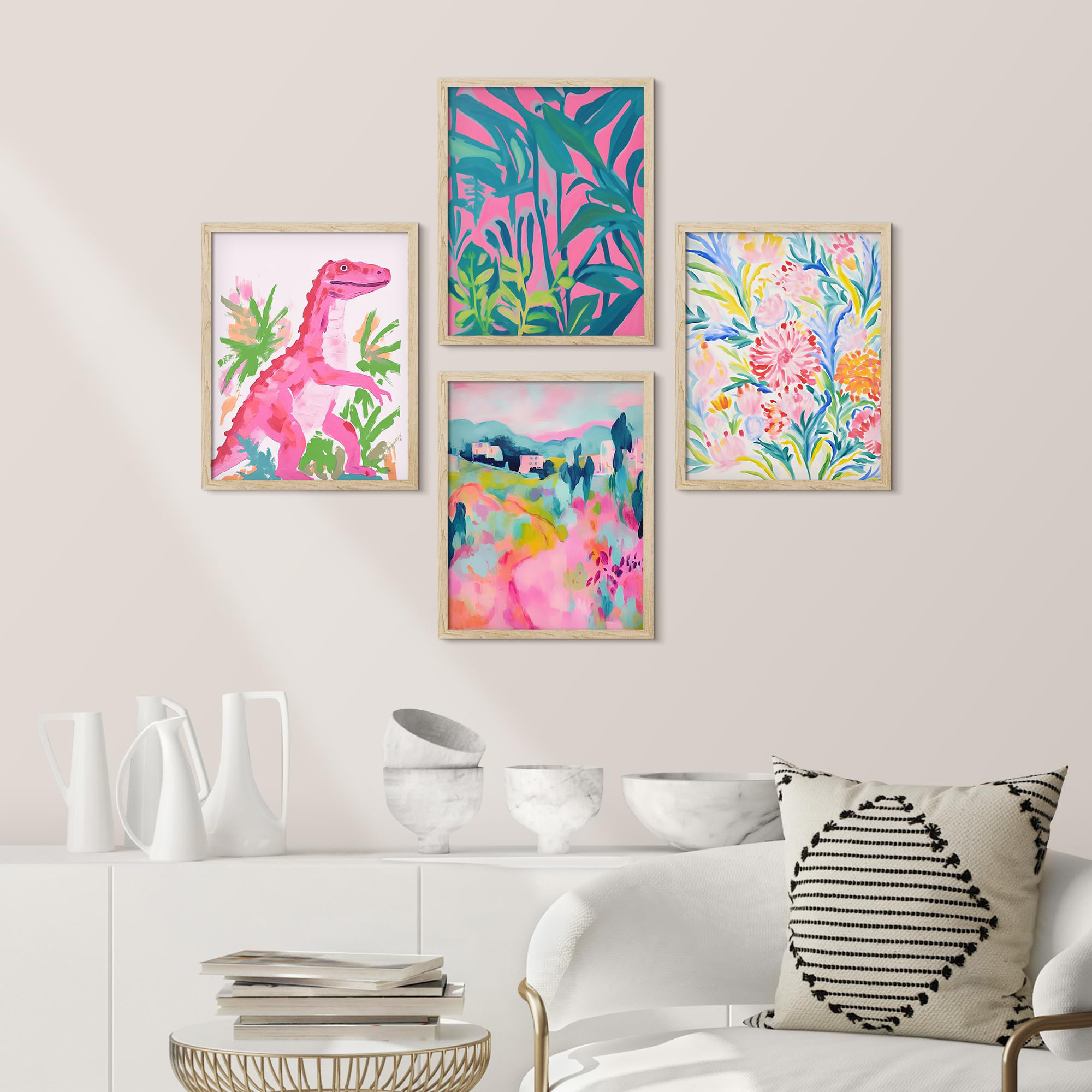 SIGNLEADER Playful Dinosaur and Abstract Nature Preppy Room Decor Pink ...