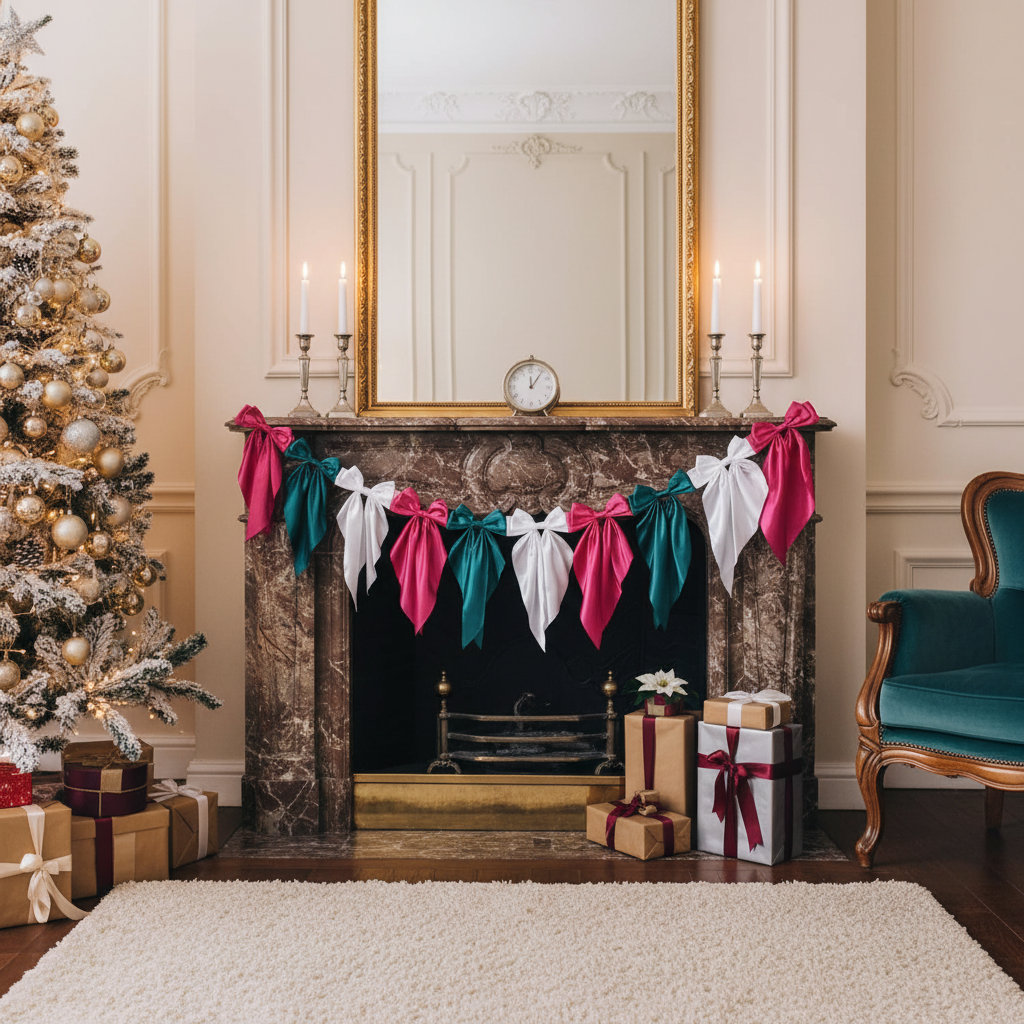 The Holiday Aisle® Satin Ribbon Bow Garland Banner For Holiday & Party ...