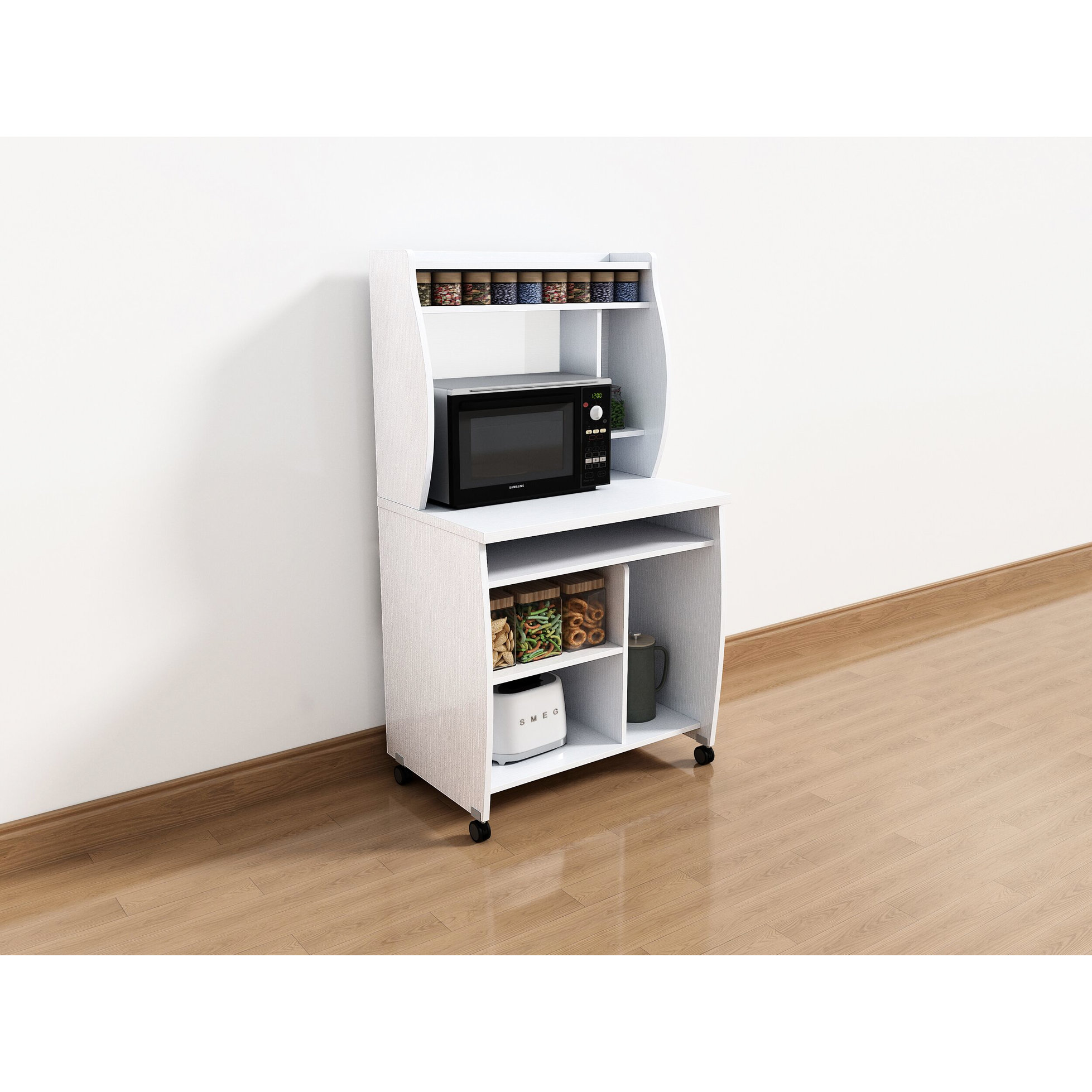 Ebern Designs Versatile White Utility Cart With And Spice Rack, Mobile ...