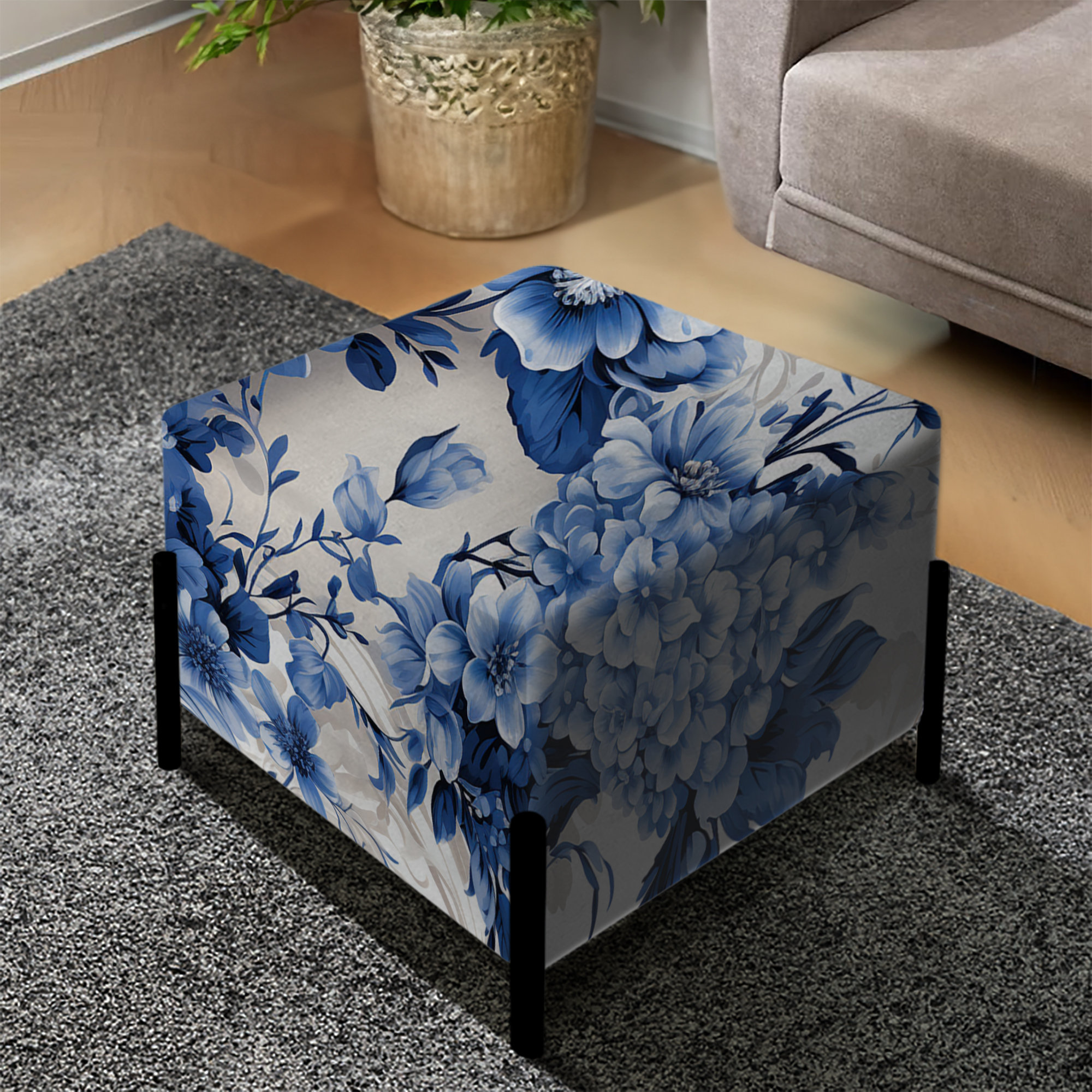 Design Art Cobalt Blue Cameo Victorian Pattern - Floral Square Ottoman ...