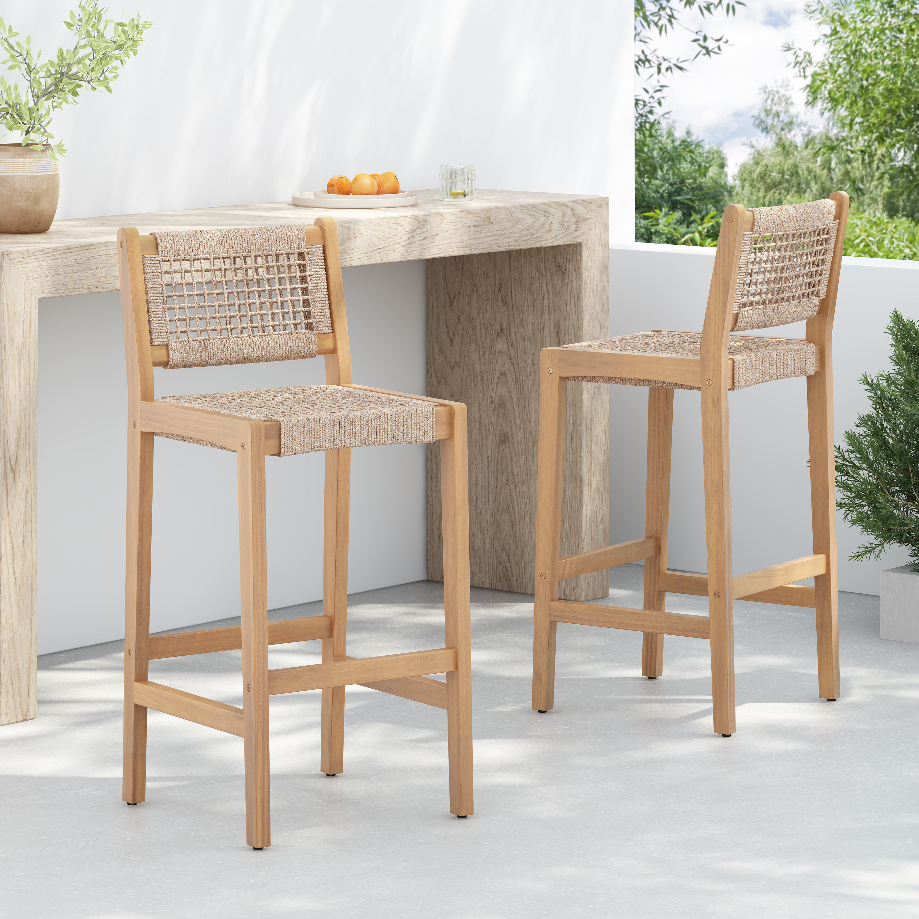Dovecove Jaxxon Patio 30.5" Seat Height Acacia Wood Bar Stools With ...