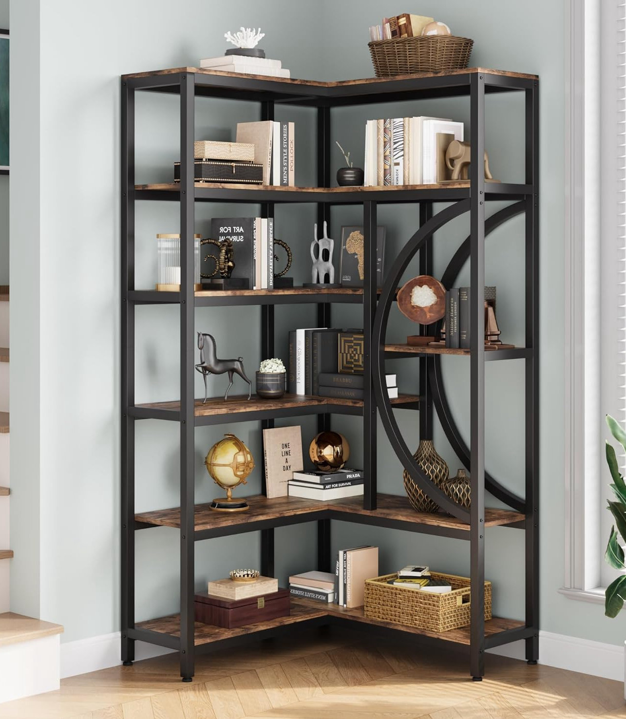 17 Stories Industrial Corner Bookshelf With 6 Tier | Wayfair