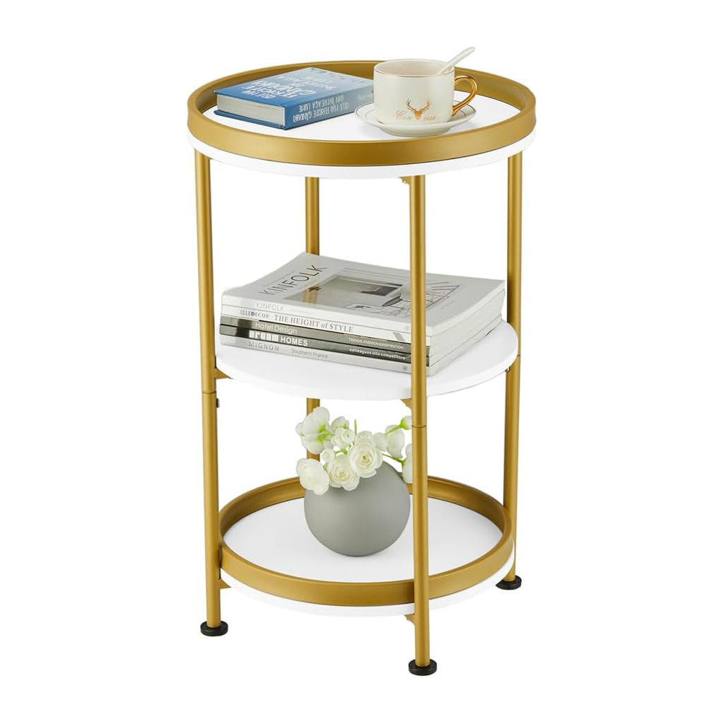 17 Stories Round Side Table With Storage Tray For Living Room, 3-Tier ...