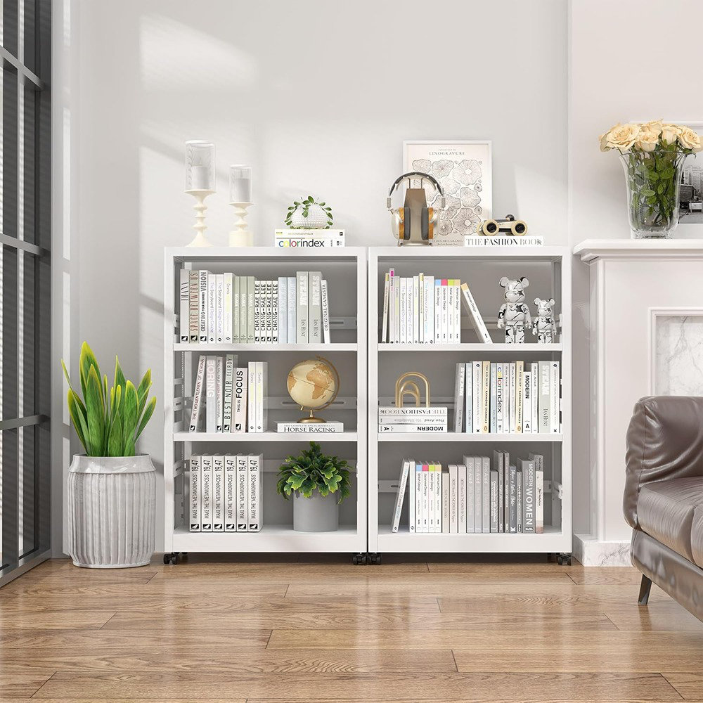 Latitude Run® Mobile 3 Tier Bookshelf, Metal 3 Shelf Bookcase On Wheels ...