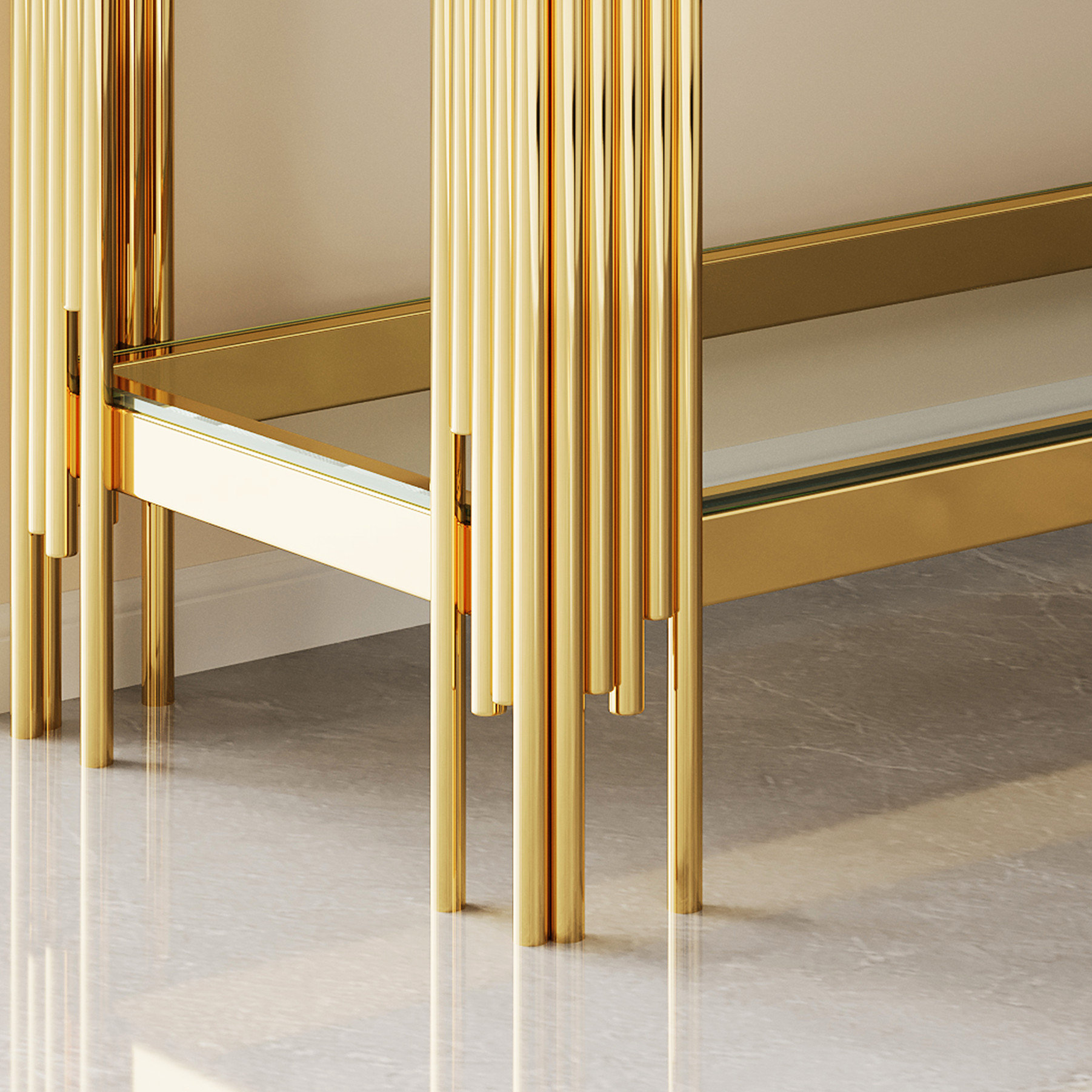 Everly Quinn Luxury Gold Console Table, Double Layer Glass, Mirror ...