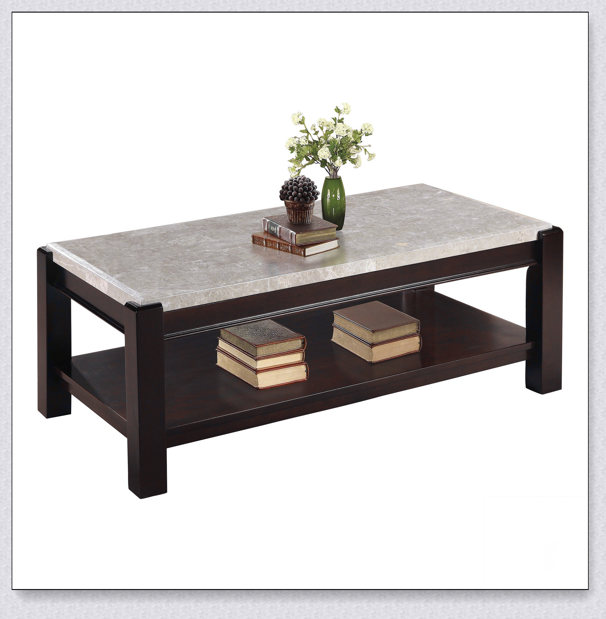 Ivy Bronx Genuine Marble Top Cocktail Table Dark Cherry Finish Wood ...