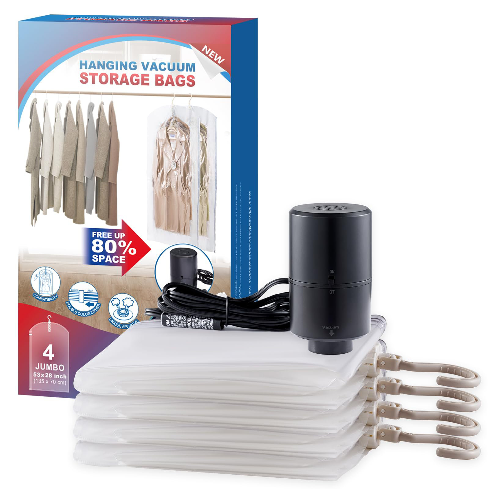 FEIYAN Hanging Vacuum Storage Bags, 4 Pack Hanging Storage Bags For ...